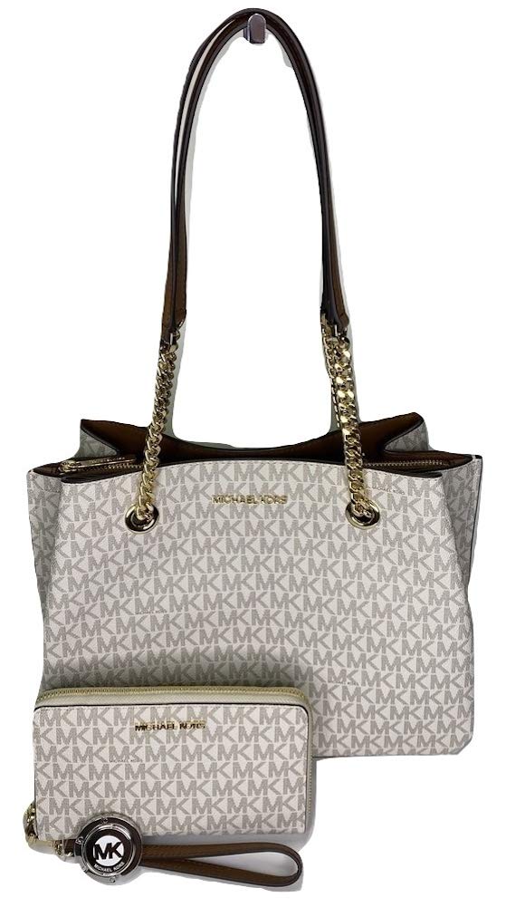 MICHAEL Michael Kors Teagen Satchel bundled with Phone Wallet/Wristlet & Handbag Hook (Signature MK Vanilla)