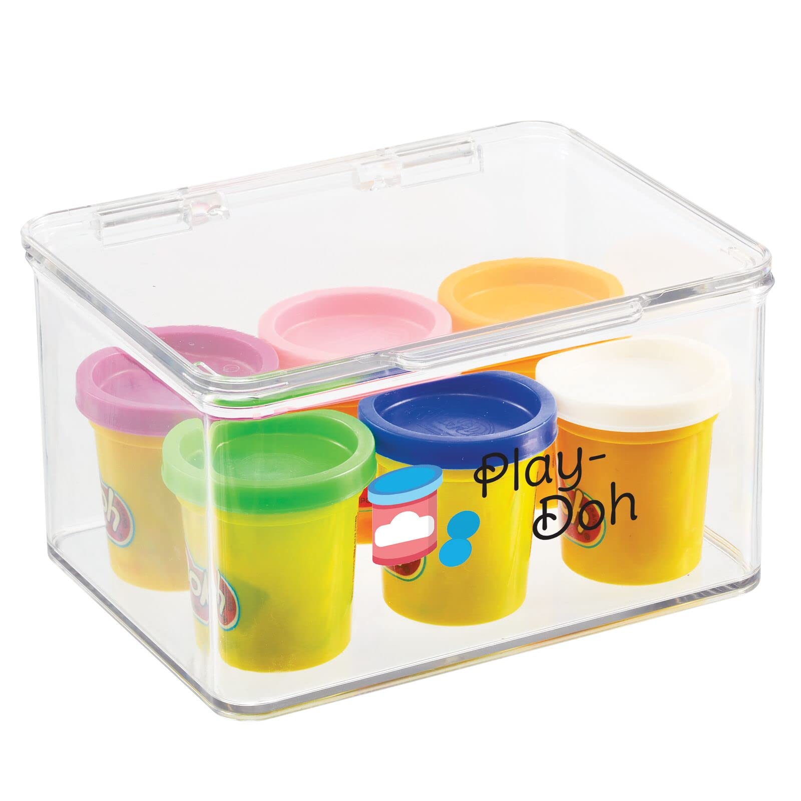 mDesign Plastic Stackable Storage Organizer Toy Box with Hinged Lid for Action Figures, Crayons, Markers, Building Blocks, Puzzles, Craft or School Supplies - Includes 32 Labels - Clear
