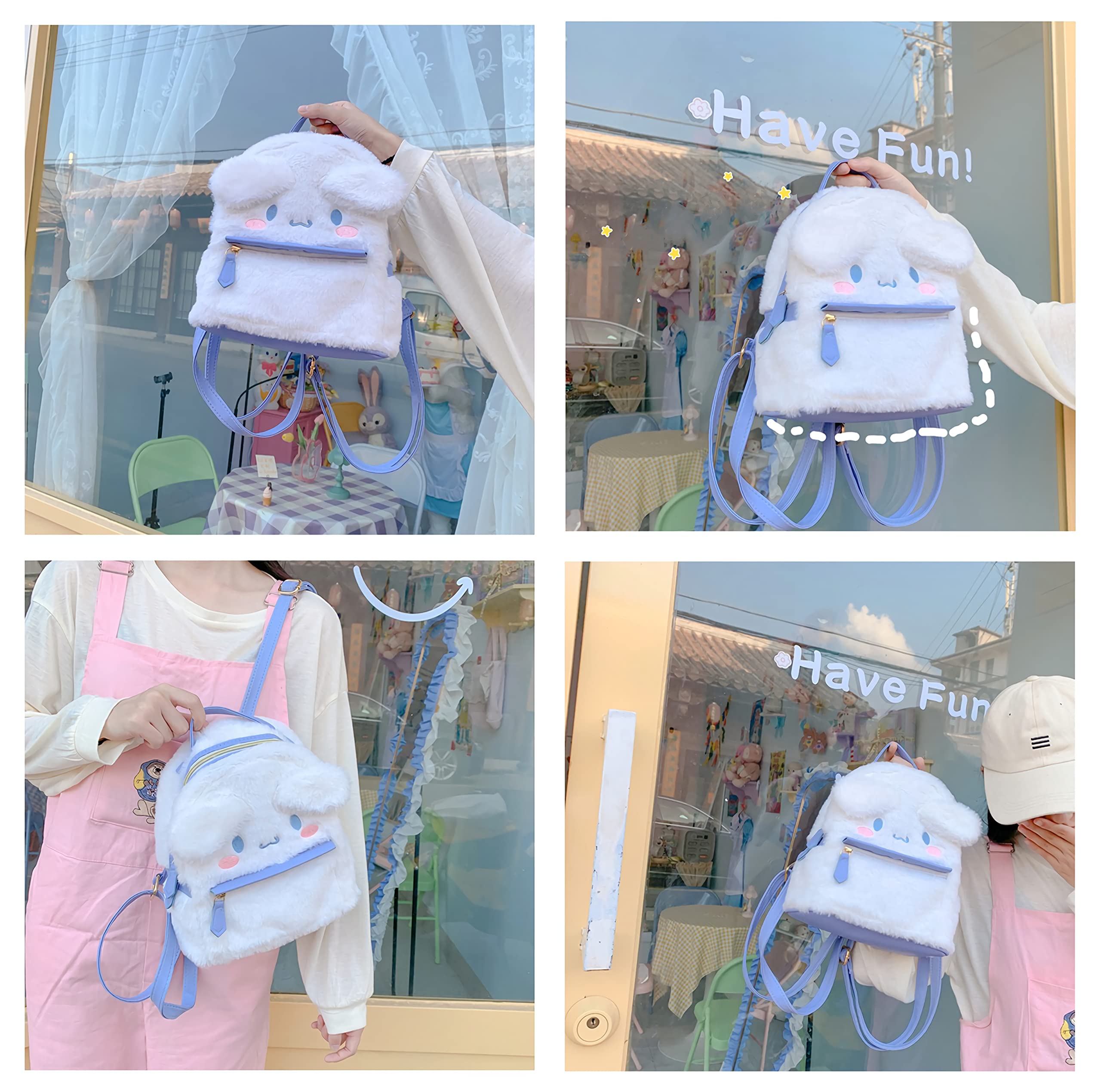 Kowckxi Cute Mini Plush Backpacks, Cat Face Soft Fuzzy Purse Handbags, 2Pcs Set White