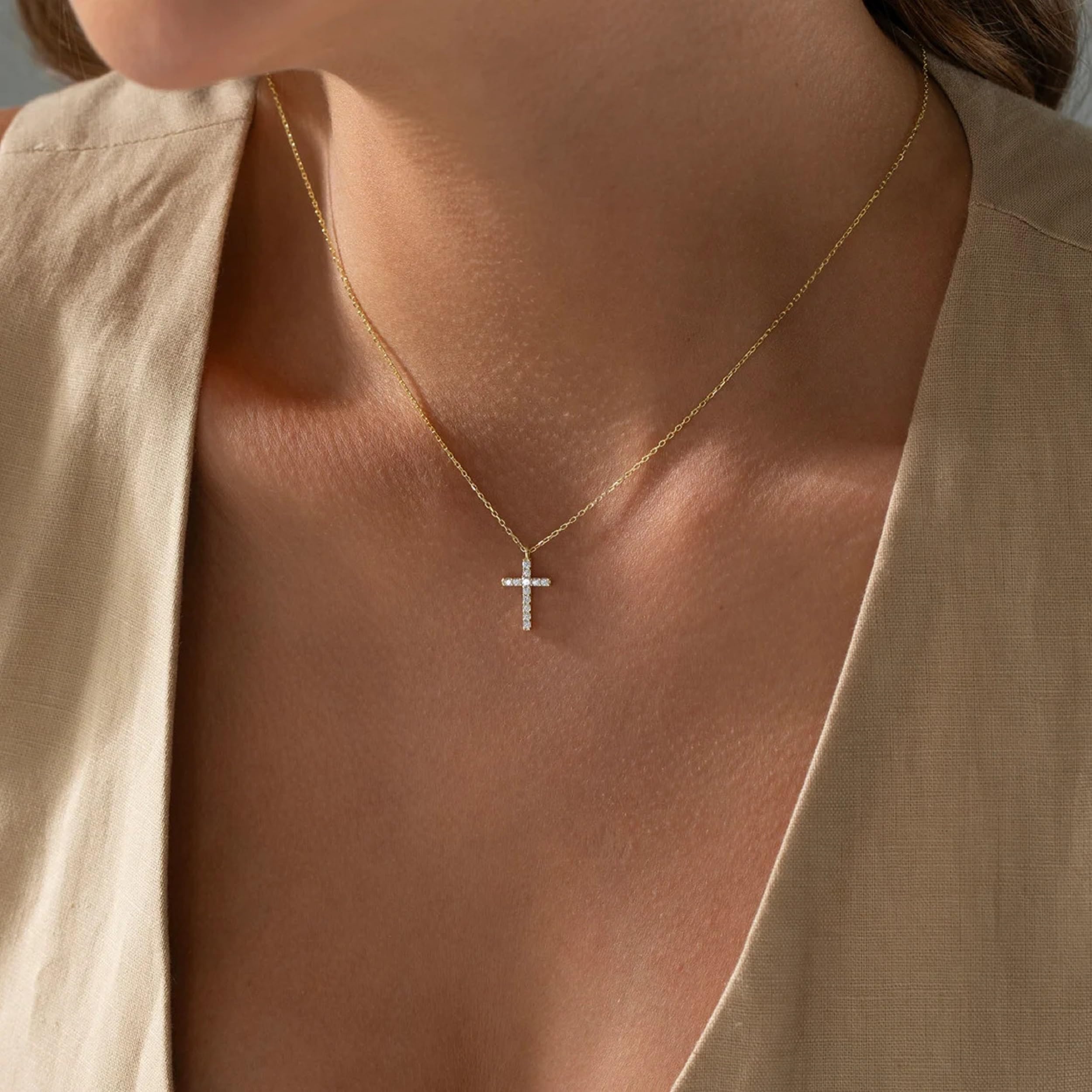 Pencros Gold Sideways Cross 18K Gold Filled Horizontal Small Cross Pendant Religious Jewelry for Women