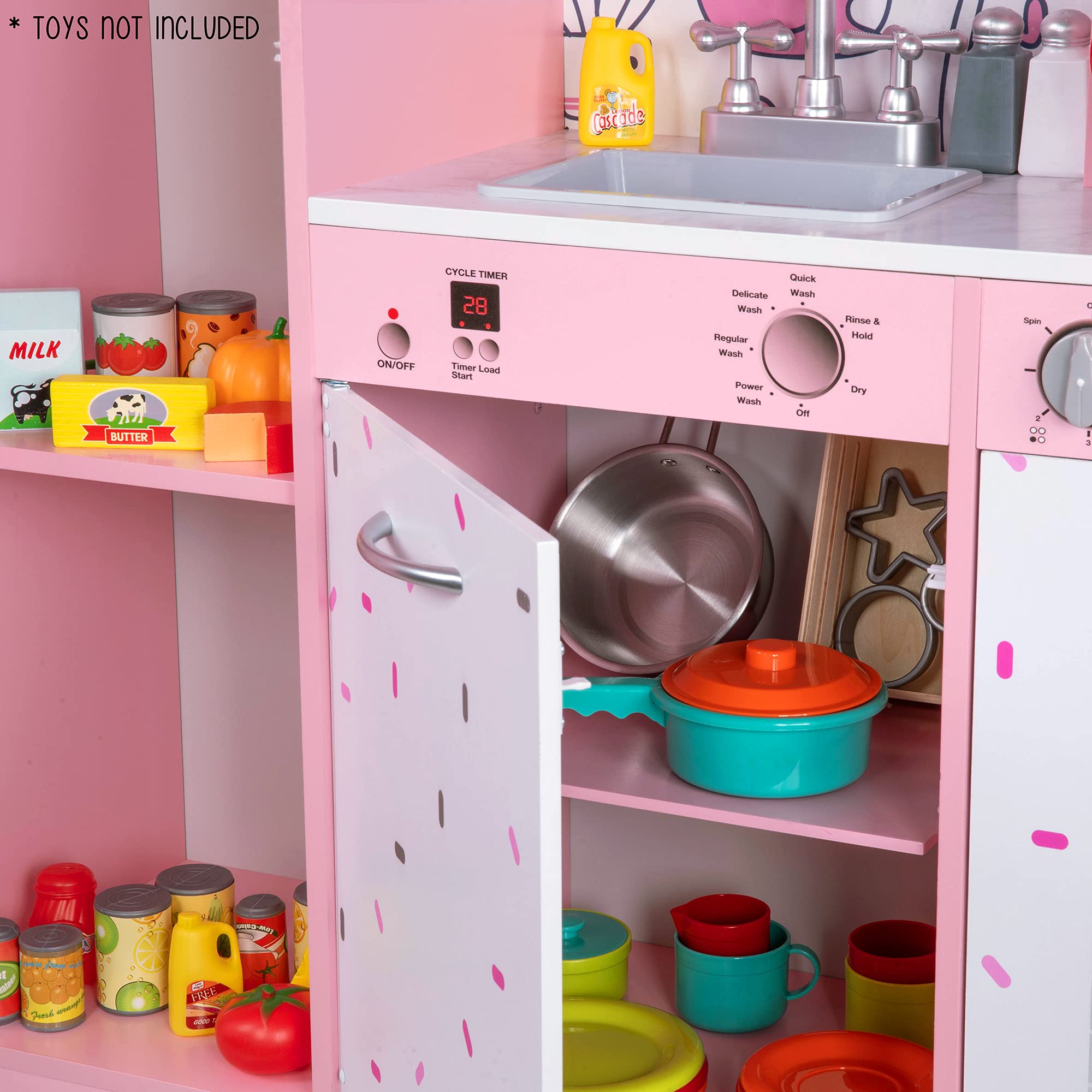 Lil' Jumbl Kids Kitchen Set, Pretend Wooden Play Kitchen, Battery Operated Icemaker & Microwave with Realistic Sound, Pots & Pan Included - Pink