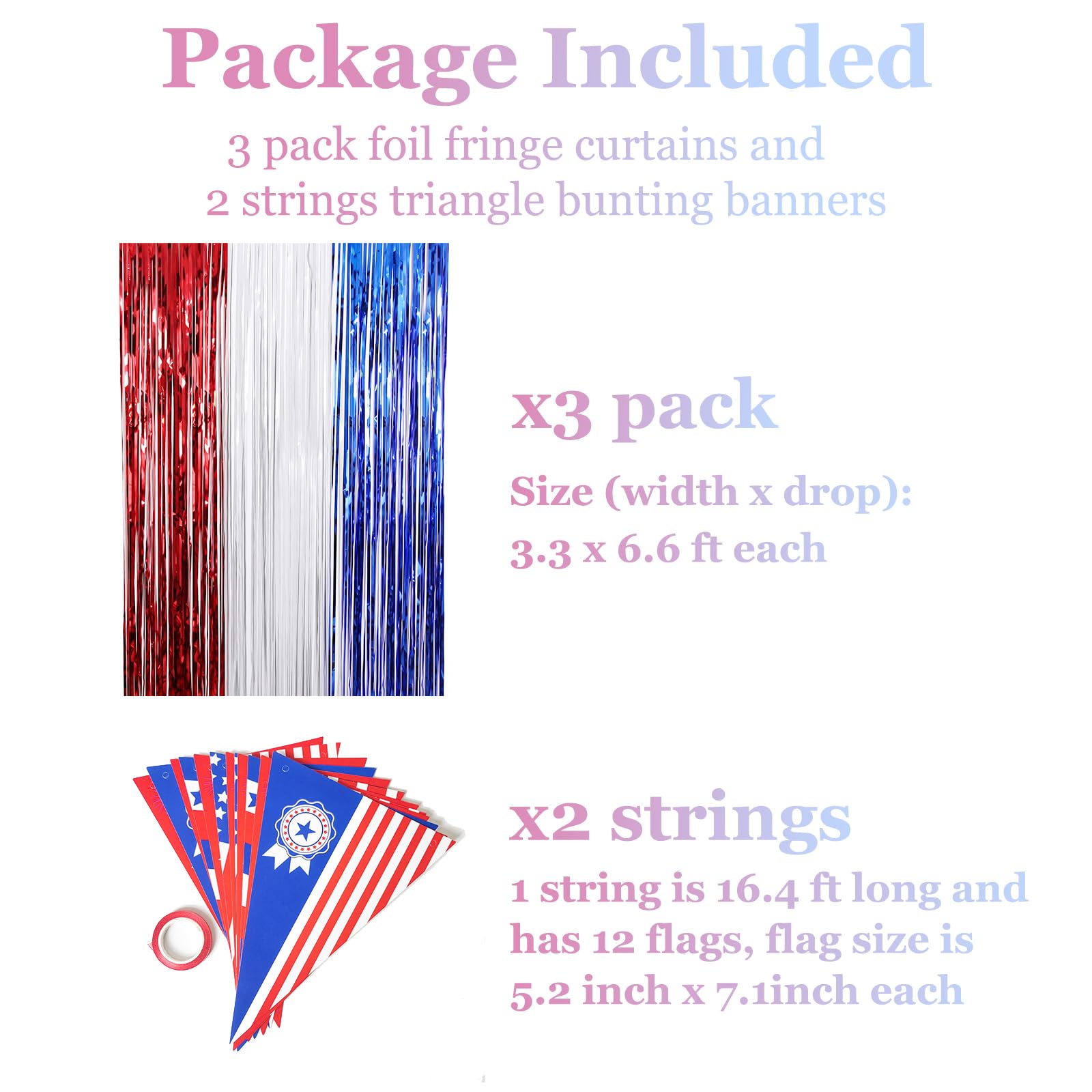 Yzurbu Red White & Blue Decorations, 3 Pack Tinsel Foil Fringe Backdrop Curtains and 2 Pack USA Flag Triangle Pennant Banner for 4th of July, Memorial Day, Labor Day, Patriotic Party