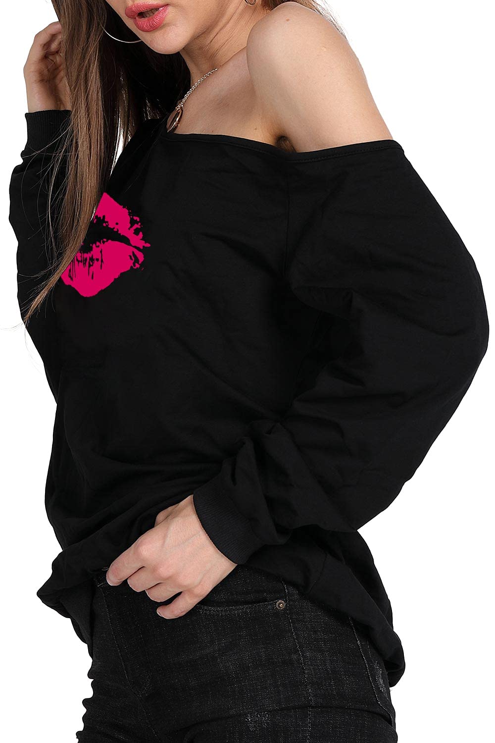 MAGICMK Woman’s Sweatershirt Lips Print Causal Blouse Off The Shoulder Long Sleeve Loose Slouchy Pullover Plus Size Tops…(XXXL)