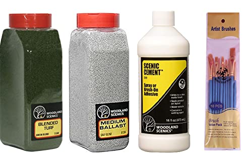 Make Your Day Woodland Scenics Green Blended Turf, Medium Ballast Gray Blend, Scenic Cement Paintbrushes (Pack of 4)