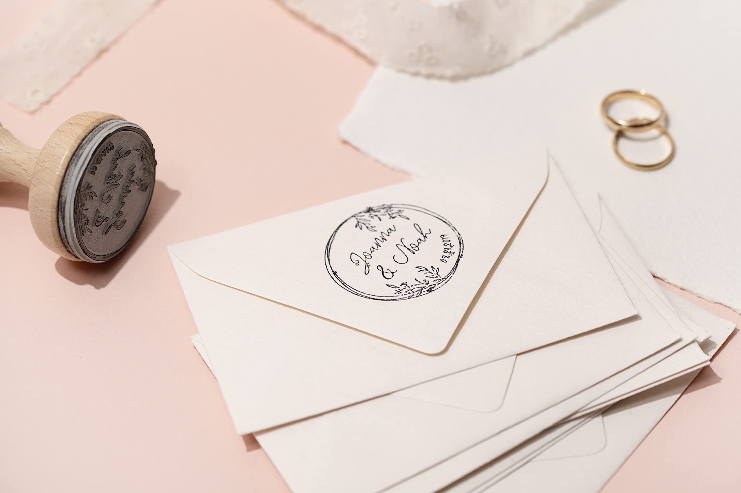 Stamp by Me | Custom Wedding Stamp | Wedding Stamp | Personalized Stamp | 12 Exclusive Designs | Wooden Stamp | Ideal for Envelopes and Wedding Invitations | Names and Date | Circular Flower Wreath