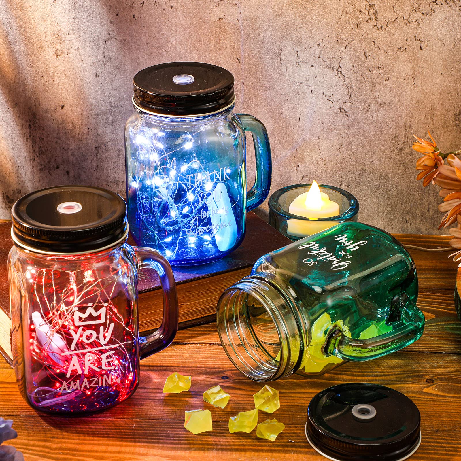 Meanplan Employee Appreciation Gift Bulk 16 oz Thank You Glass Cup with Handles Lids and Straws Mason Jar Mugs for Students Teacher Graduation Coworker Staff Nurse Work Team(Multicolor, 10 Pcs)