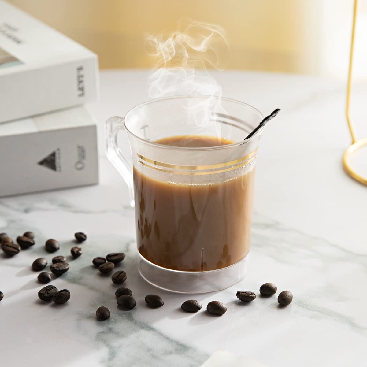 Nervure 60 Pack Clear Gold Plastic Coffee Mugs with 60 PCS Black Coffee Stirrers - 8oz Disposable Coffee Cups with Handles & 5inch Coffee Stirrers - Plastic Tea Cups with Gold Rim for Party