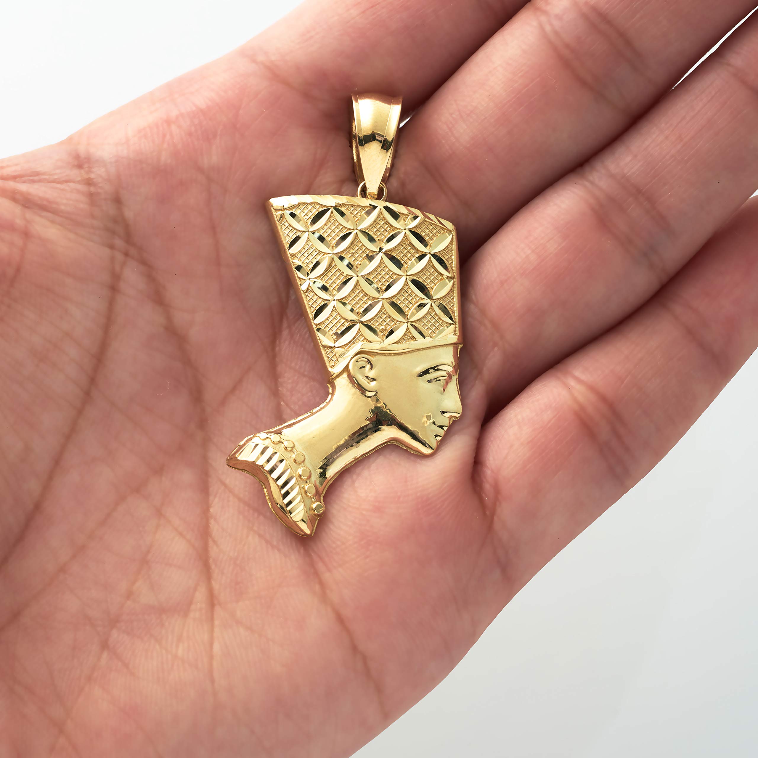 LoveBling 10K Yellow Gold Diamond Cut High Polished Nefertiti Charm Pendant (2.02" x 1.21")