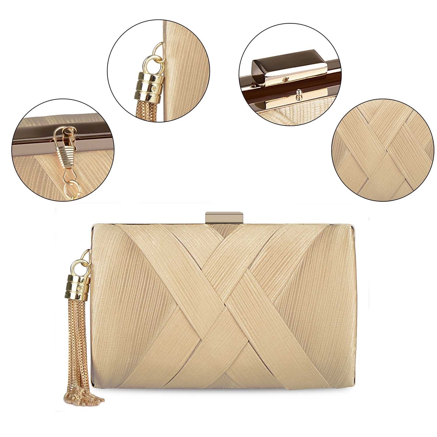 KISSCHIC Women's Elegant Tassel Evening Clutch Bag Stain Fabric Clutch Purse for Bride Wedding Prom Night Out Party (Gold)
