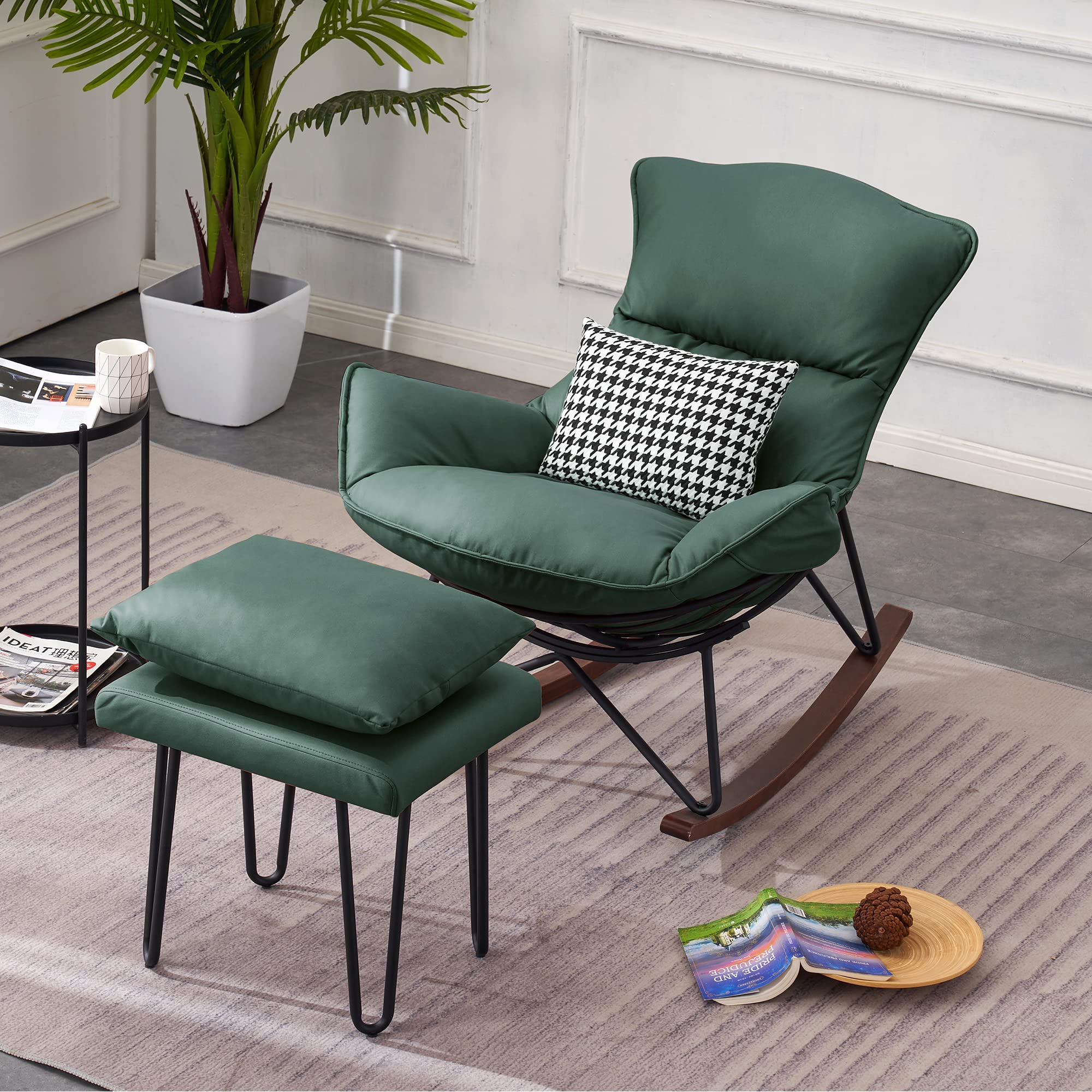 MCombo Modern Rocking Chair, Upholstered Glider Rocker Nursery Accent Chair with Ottoman, Comfy Reading Chairs for Living Room Bedroom Offices (Green)