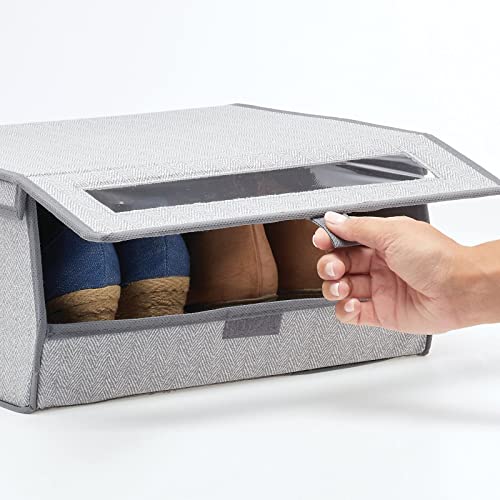 mDesign Large Fabric Closet Shoe Storage Box w/Clear Window - Shoe, Sandal, Sweater, Linen, Clothes Organizer - Boot Storage Solutions - Shoe Bin - Lido Collection, 2 Pack, Gray Herringbone