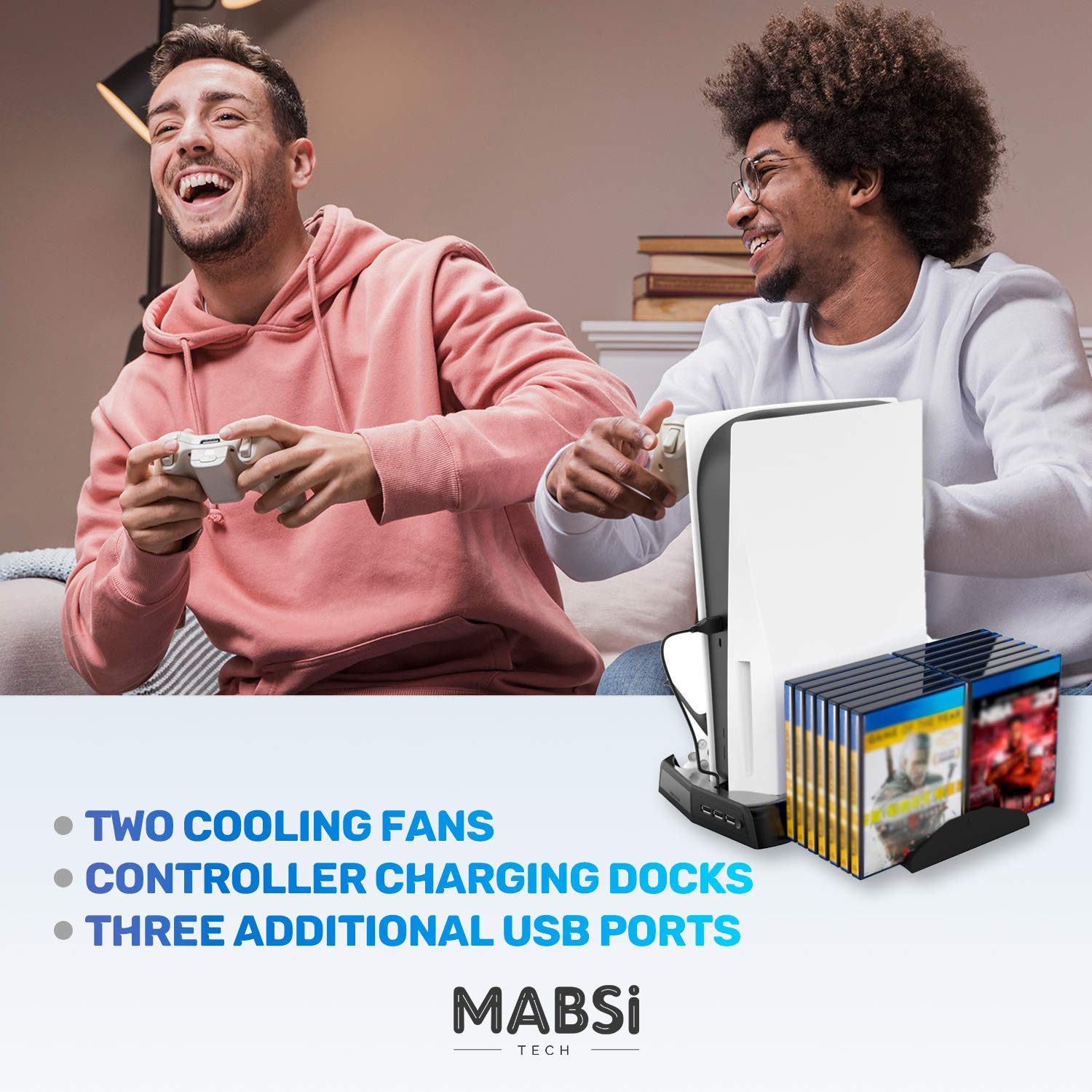 Mabsi Tech PS5 Cooling Station, Stand Fan for Playstation 5, Vertical Cooling Fan Station PS5 and Charger Dock Station and 14 Game Slots