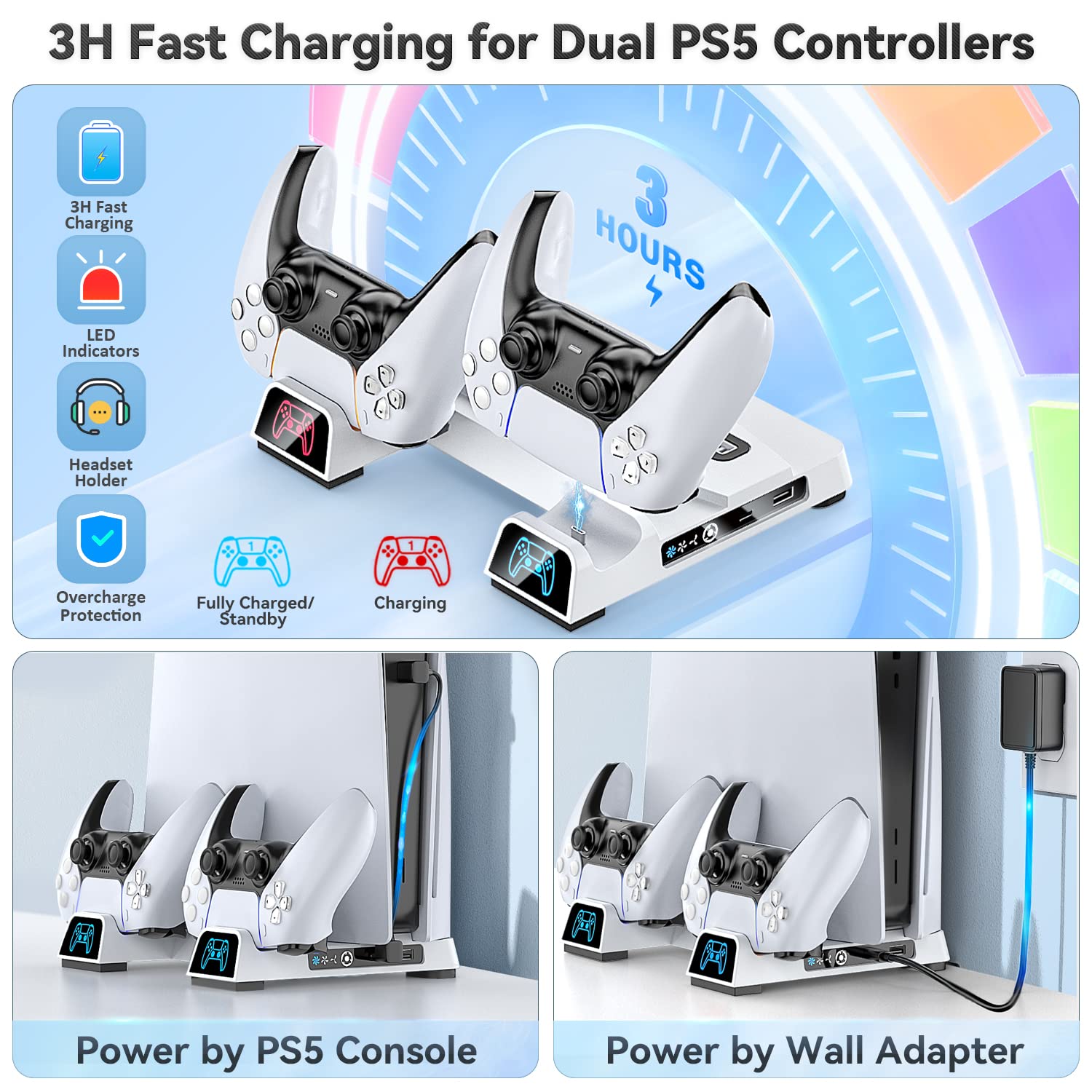OIVO PS5 Stand with Cooling Fan and Headphone Holder, PS5 Controller Charger for PS5 Controller, Space Saving 10 Game Storage for Playstation 5 Console