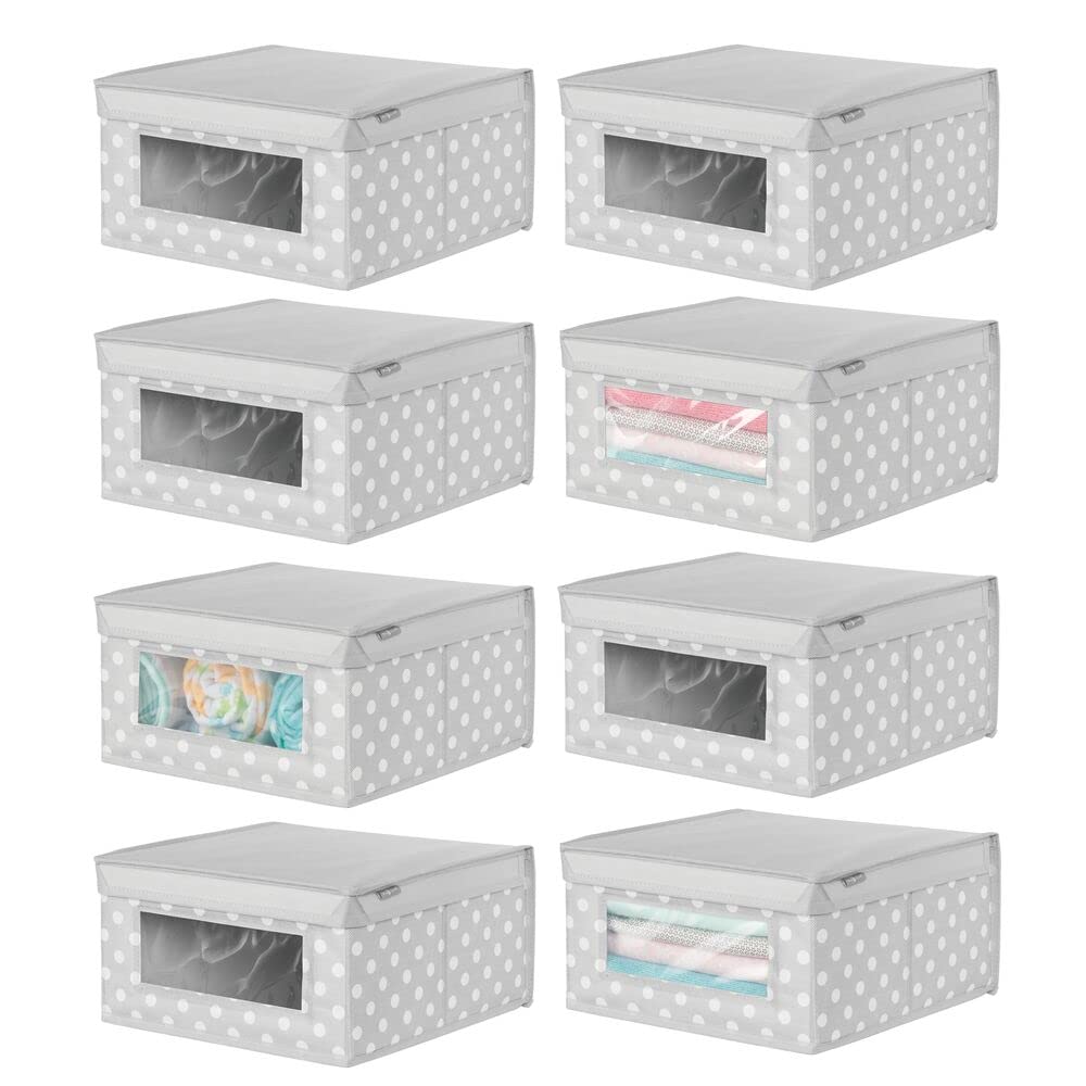 mDesign Medium Soft Stackable Fabric Baby Nursery Storage Organizer Holder Bin Box with Front Window and Lid for Child/Kids Bedroom, Playroom, Classroom, Lido Collection, 8 Pack - Gray/White Polka Dot