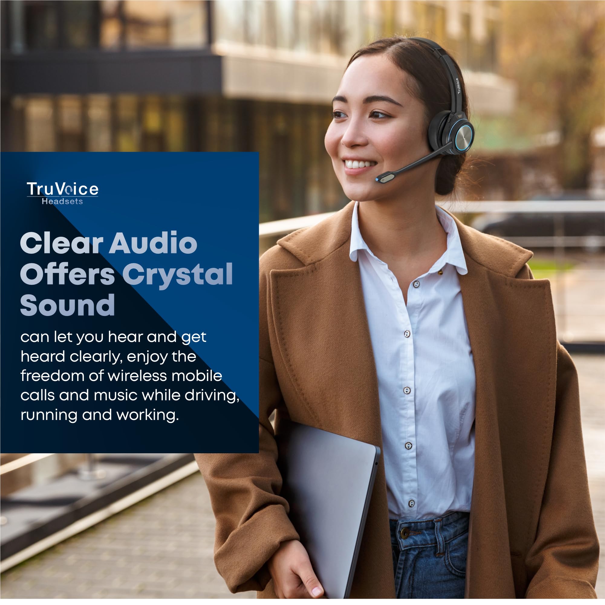 TruVoice BT55 Wireless USB Headset with Hi-Fi Audio and Noise Canceling Microphone - v5.2 Bluetooth Fast Charging Base and 15hr Talk time - Multi Connectivity with Both Computer and Cell Phone.