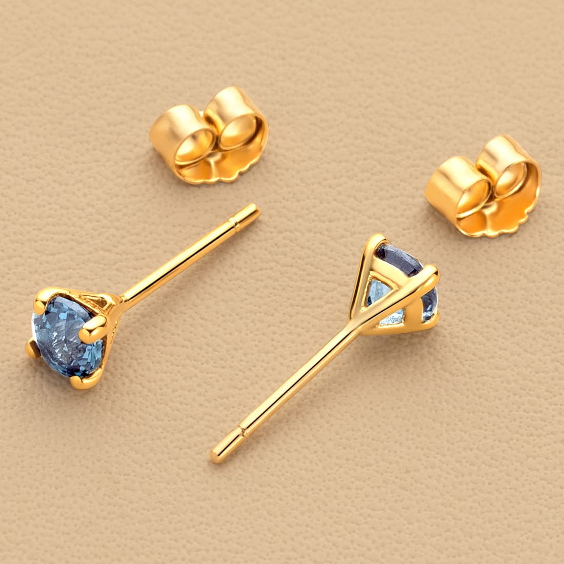 Peora Solid 14K Yellow Gold 4mm Round Created Alexandrite Solitaire Stud Earrings for Women, Hypoallergenic Color Changing 0.50 Carat total AAA Grade, June Birthstone, Friction Backs