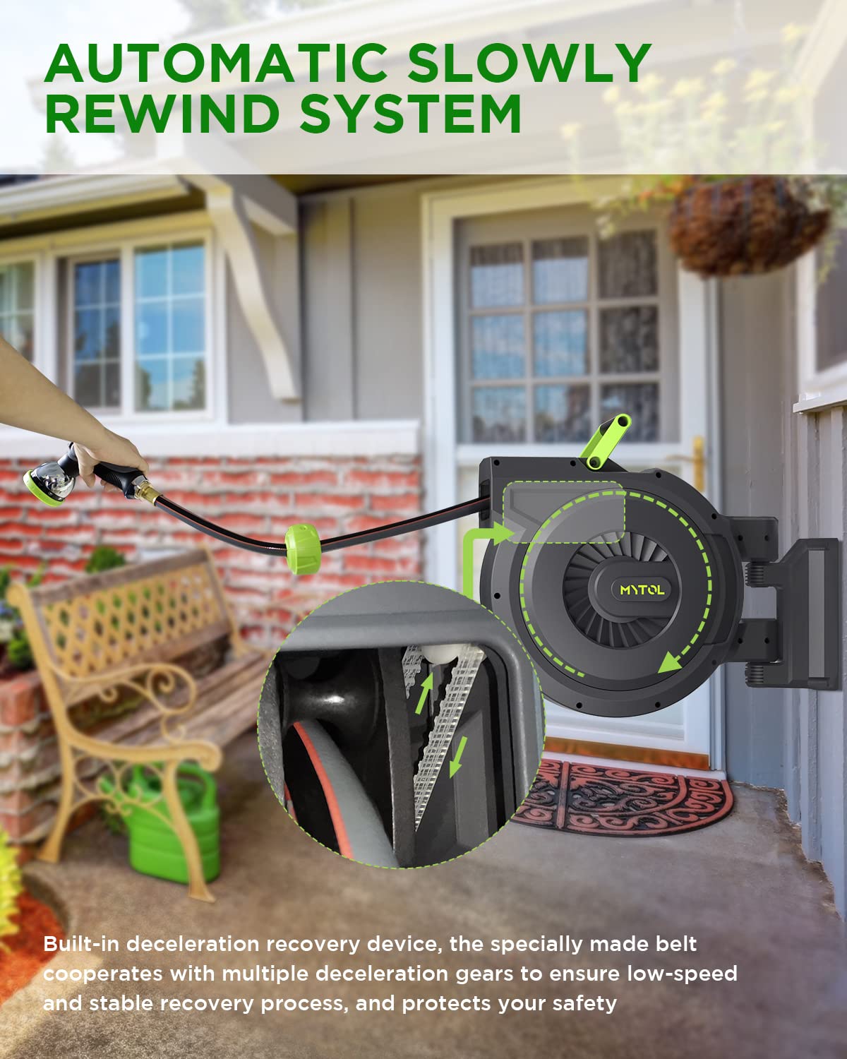 MYTOL Retractable Garden Hose Reel, 5/8 Inch x 82 ft + 6 ft Wall Mounted Water Hose Reel with Auto Slow Rewind System, 10-Pattern Nozzle, Any Length Lock, 180° Swivel Bracket, Ideal for Easy Watering