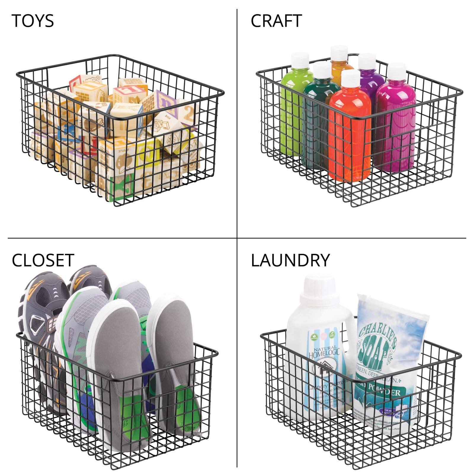 mDesign Metal Wire Closet Storage Basket Organizer with Handles for Organizing Bedroom, Bathroom, Mudroom, Entryway, Hallway, or Linen Closets - Concerto Collection - 2 Pack - Black