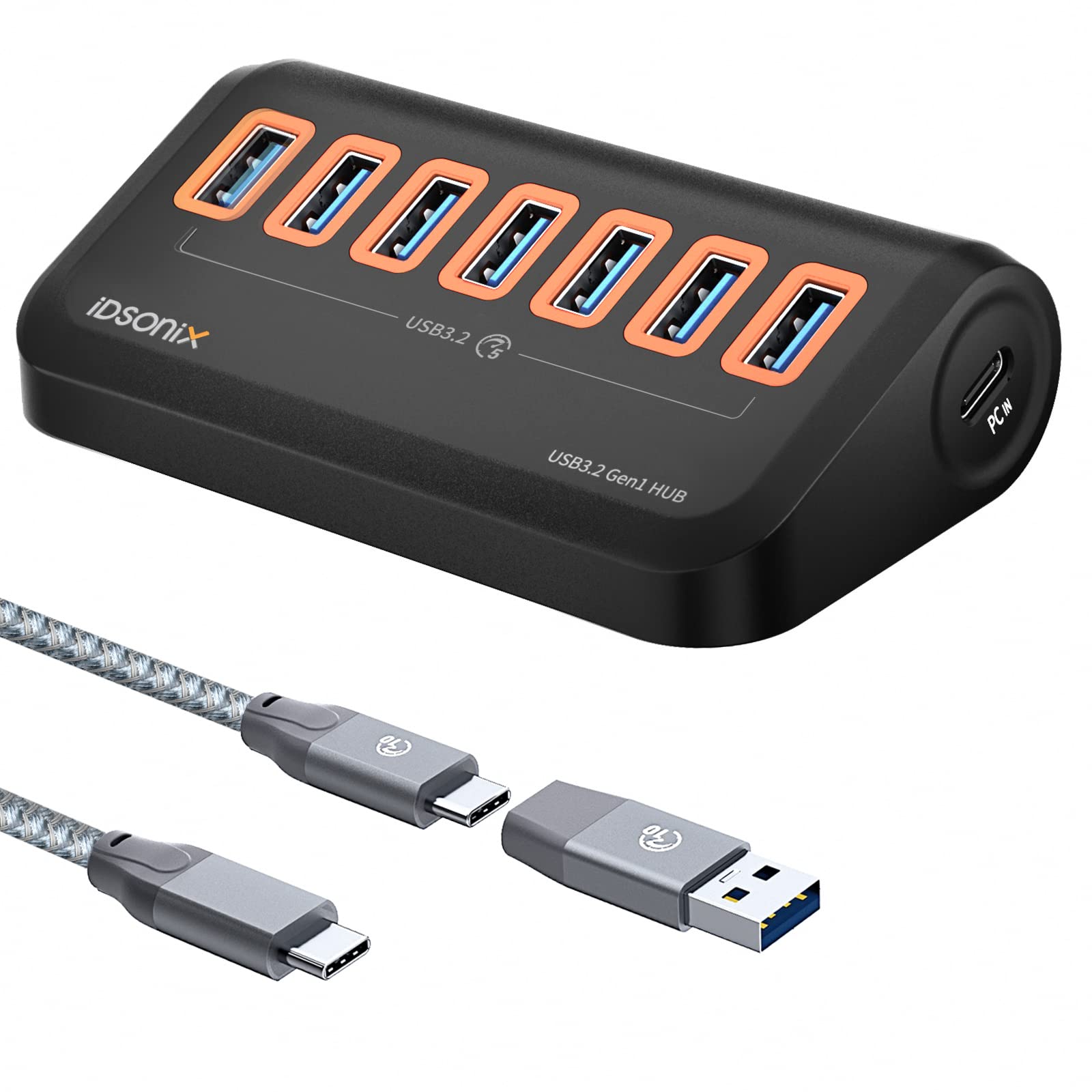 USB Hub 3.0[5Gbps Stable Transfer], iDsonix 7 Ports USB Hub 1.6ft Type A&C 2 Connectors, USB Splitter Extra USB Ports for Laptops,Surface,Xbox,iMac,MacBook,PS5/PS4,Flash Drive,Keyborad,Mouse,Printer