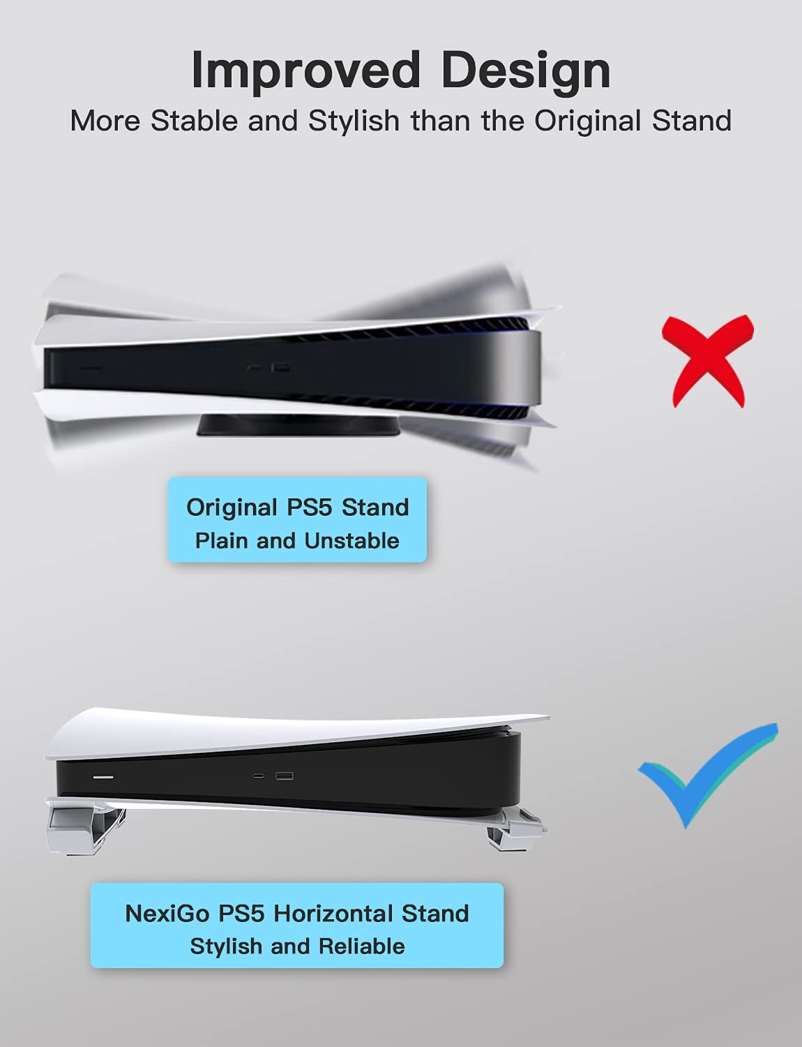 NexiGo PS5 Horizontal Stand with Cooling Fan, [Minimalist Design], Compatible with PlayStation 5 Disc & Digital Editions, Built-in LED Light, Extra USB Port, Easy to Install