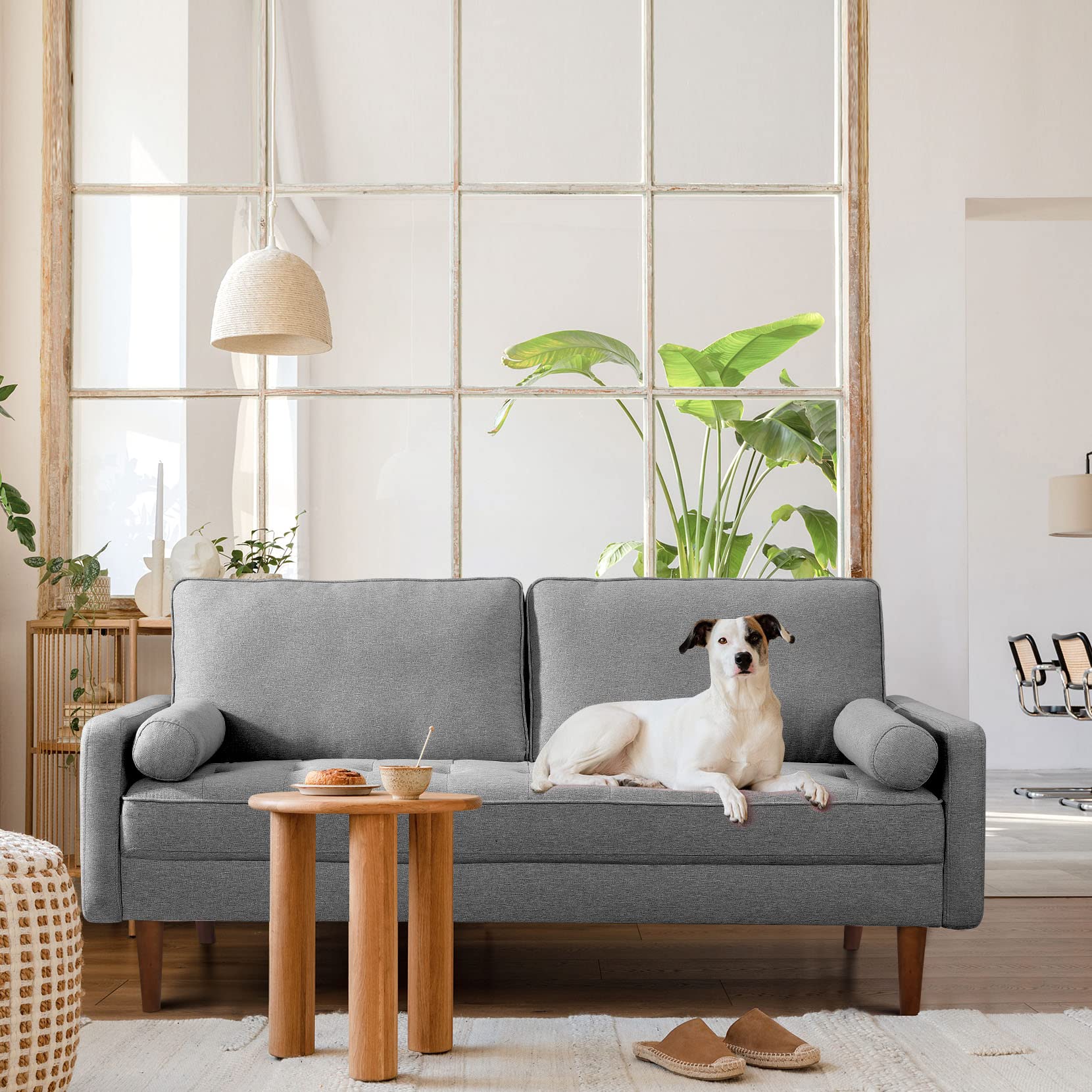 koorlian Sofa Couch, 2 Seater Fabric Loveseat, Mid Century Modern Couches for Living Room, Button Tufted Seat Cushion, Square Armrest, 2 Throw Pillows, Fit for Small Spaces, Dorm, Apart, Grey