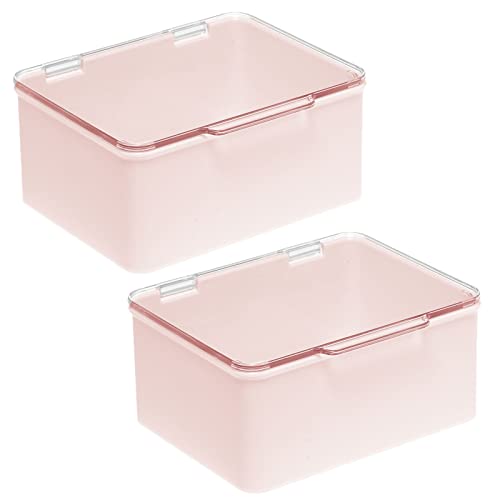 mDesign Plastic Cosmetic Storage Organizer Box Containers, Hinged Lid for Bedroom, Bathroom Vanity Shelf or Cabinet, Holds Masks, Palettes, Nail Polish, Lumiere Collection, 2 Pack - Light Pink/Clear