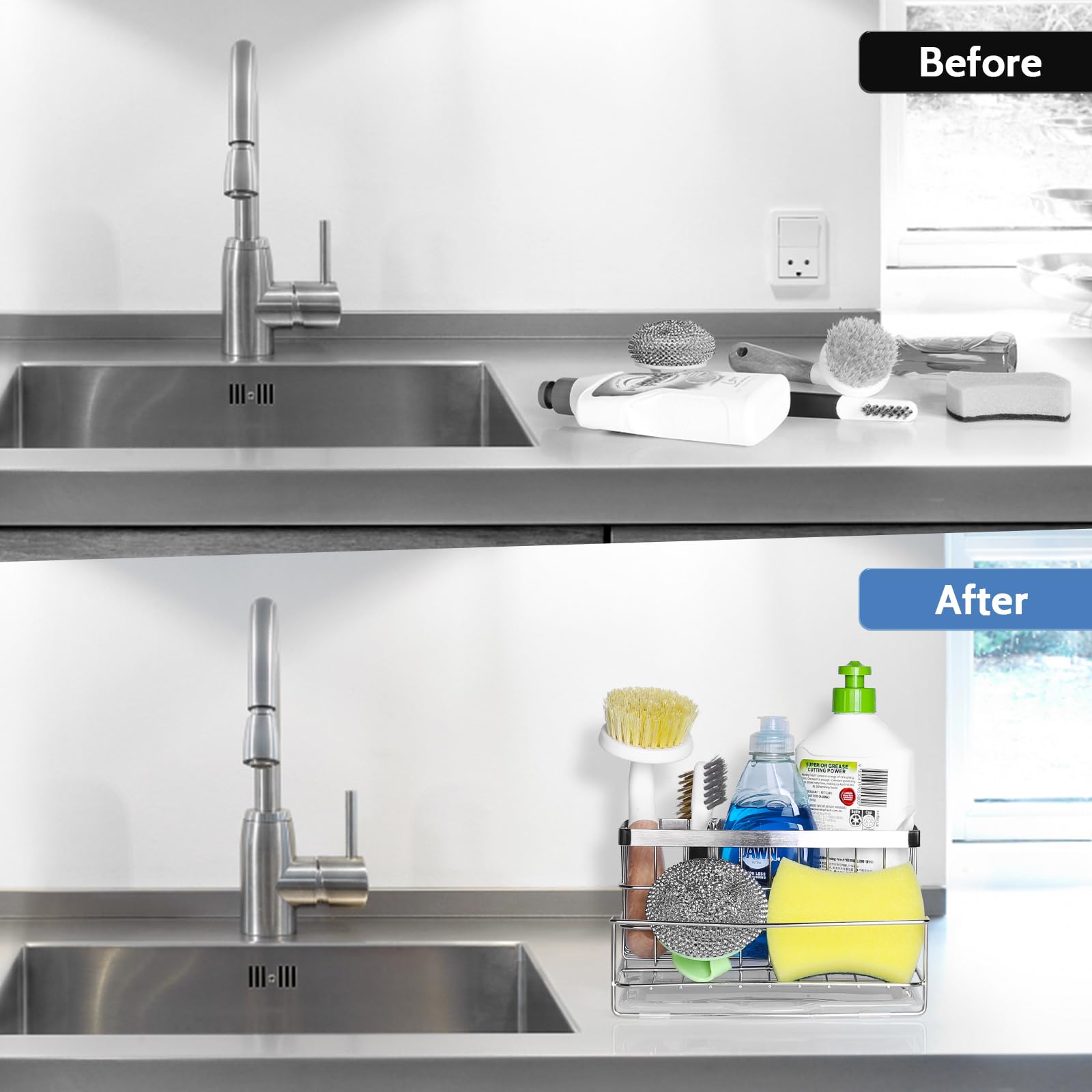 Optish Sponge Holder for Kitchen Sink, Rustproof Soon Neat Kitchen Sink Caddy with Drip Tray, Non-Slip Kitchen Sink Organizer with Brush Holder for Countertop