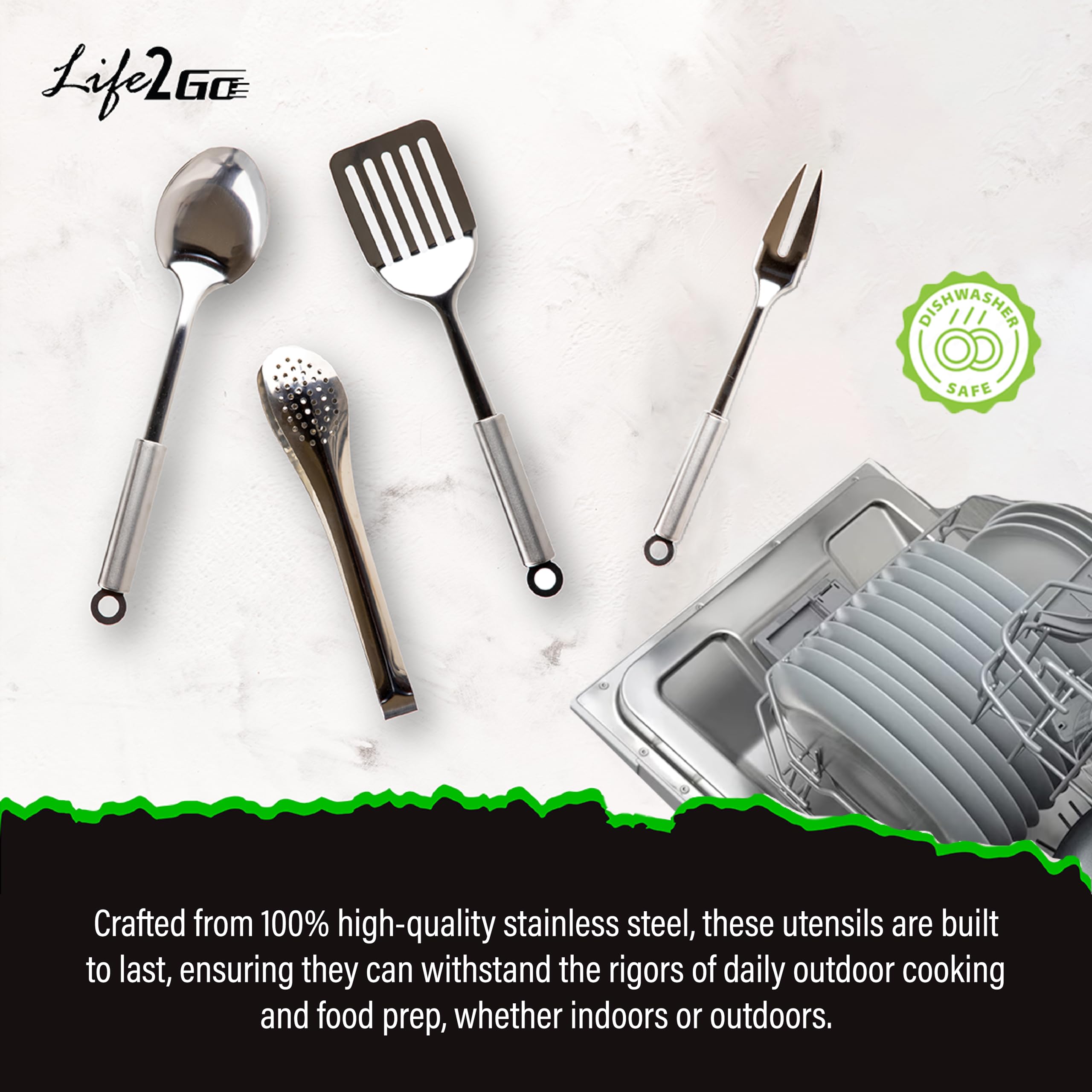 Life 2 Go 10 Pcs Camp Cooking Utensil Set & Outdoor Kitchen Gear Cookware Kit, Portable Compact Carry Case for Camping, Hiking, Travel, BBQ Grilling Stainless Steel Accessories Spoon & Fork, Navy