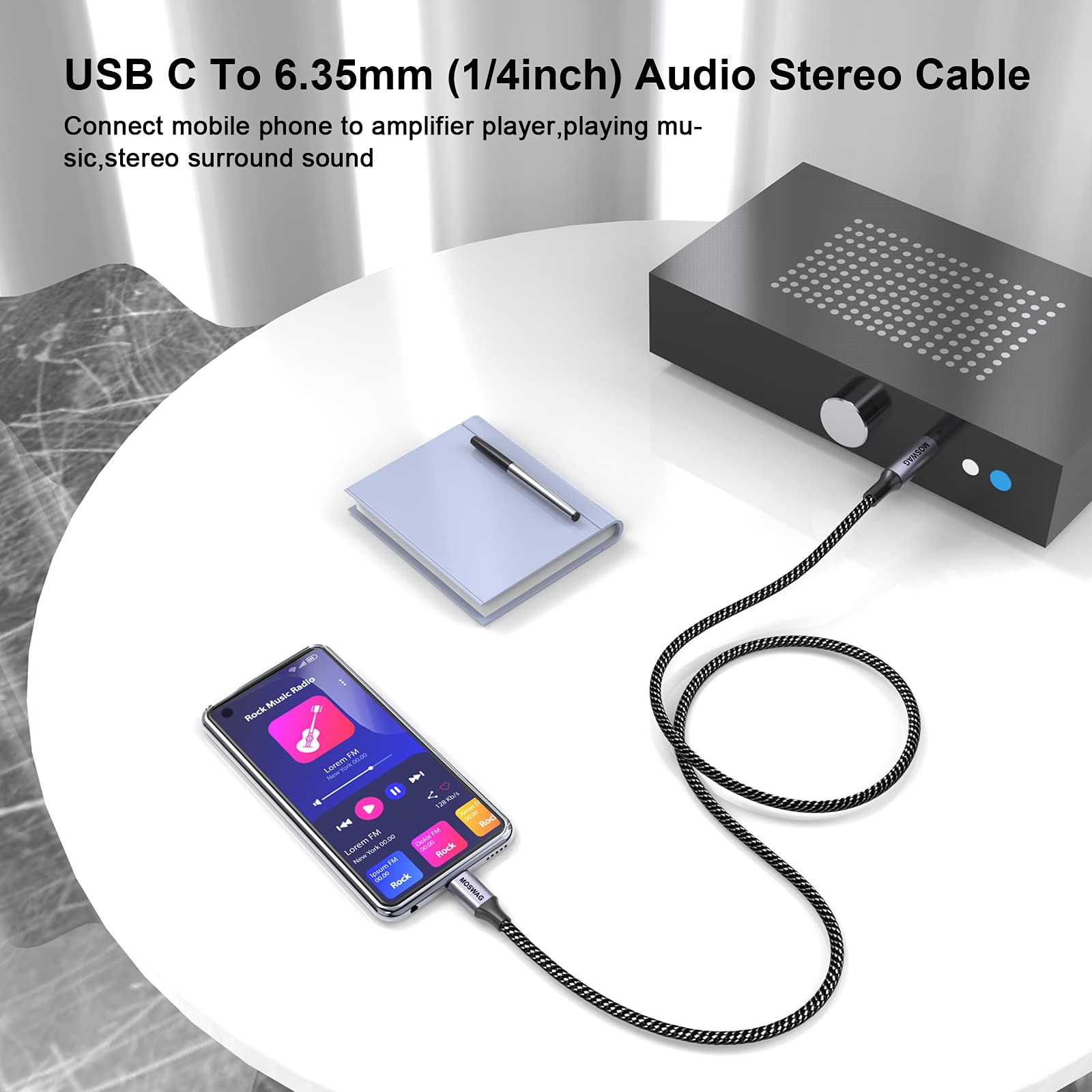 MOSWAG USB C to 6.35mm 1/4 inch TRS Cable 3.28FT/1Meter,Type C to 1/4 Audio Adapter Aux Jack Stereo Cable for Google Pixel 4XL,Galaxy Note 10+/S20+,Amplifier,Speaker,Headphone,Mixing Console