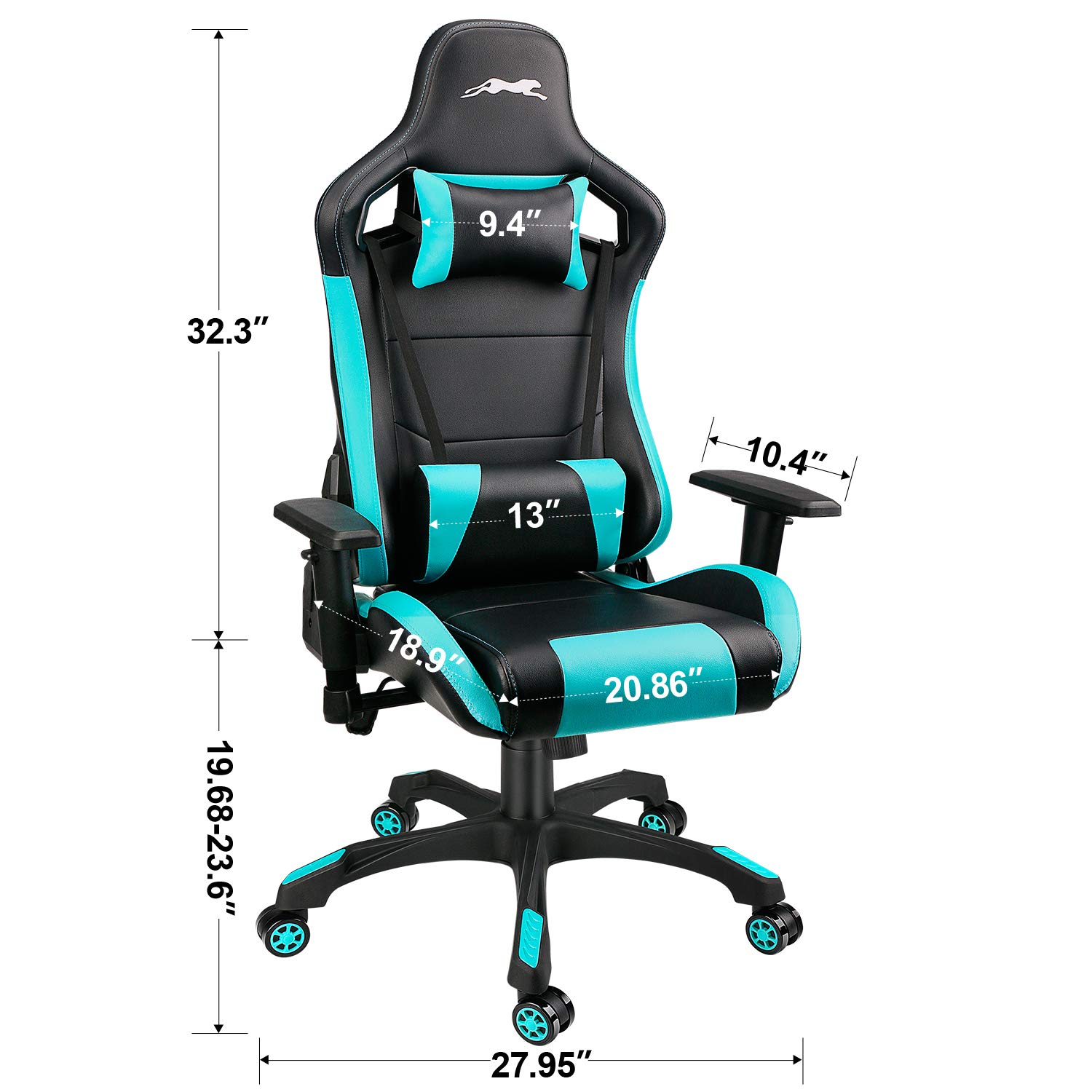 Leopard Gaming Chair, High Back PU Leather Office Chair, Adjustable Video Gaming Chairs, Swivel Racing Chair with Adjustable Armrest (Black/Light Blue)