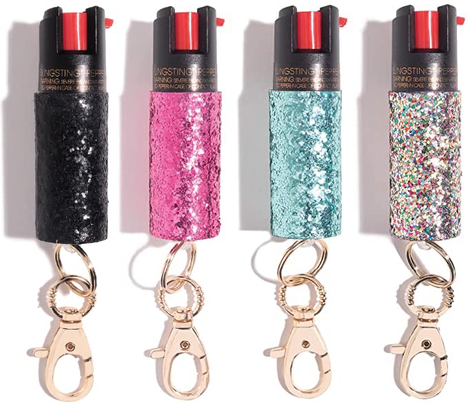 Pepper Spray Maximum Strength, UV Dye, Self Defense Weapon for Women, Purse Safety Essential, Car Keychain Accessories, Sparkly Glitter, 4 Pack