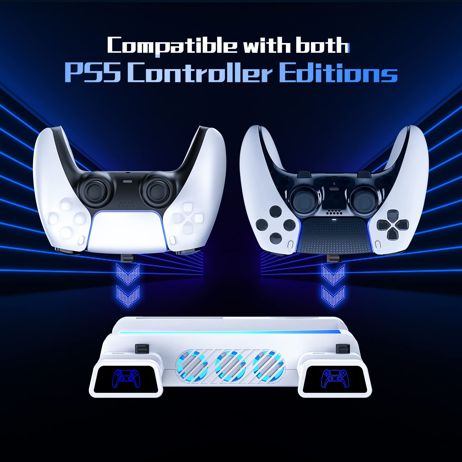 NexiGo PS5 Vertical Stand with Headset Holder and AC Adapter for PS5 Disc & Digital Editions, RGB LED Light, Dual Controllers Charger, 12 Game Rack Organizer, Hard Drive & Remote Slots, White RGB