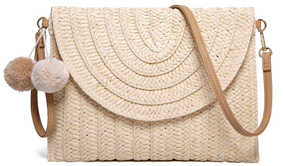 Straw Shoulder Bag Straw Clutch Women Hand-woven PomPom Straw Crossbody Bag Summer Beach Envelope Purse Wallet (E-Khaki)