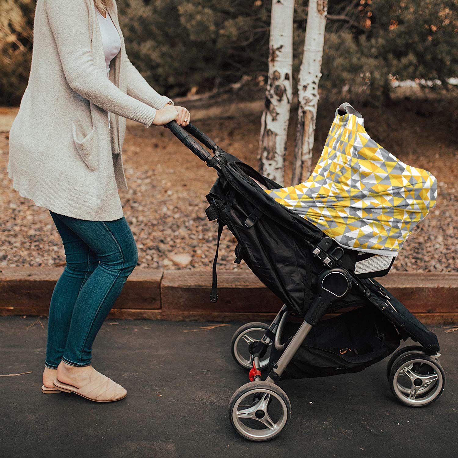 Modern Geometric Nursing Cover for Breastfeeding, Soft Multi Use for Baby Car Seat Covers Canopy Shopping Cart Cover Scarf Stroller Cover, Triangle Pattern Mosaic Design Yellow Grey