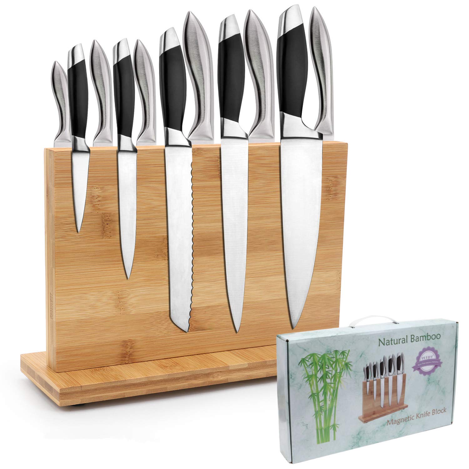 Magnetic Knife Block, Natural Bamboo Knife Holder with Strong Magnets, Double Side Cutlery Display Stand and Storage Rack, Comes in a Gift Box