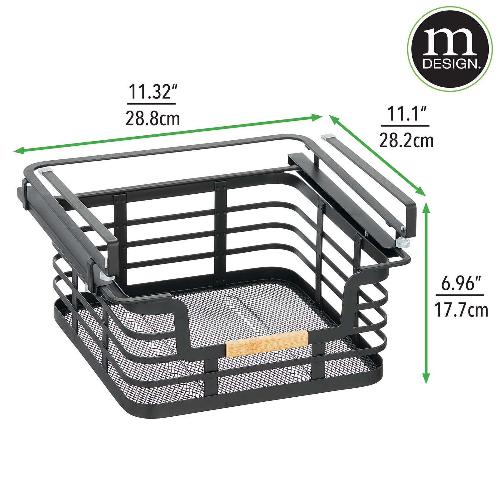 mDesign Metal Wire Under Shelf Storage Baskets for Kitchen Pantry, Closet, Hanging Pull Out Shelving Bin, Sliding Hanger Racks for Bread, Canned Goods, Condiments, Food, 2 Pack, Matte Black/Natural