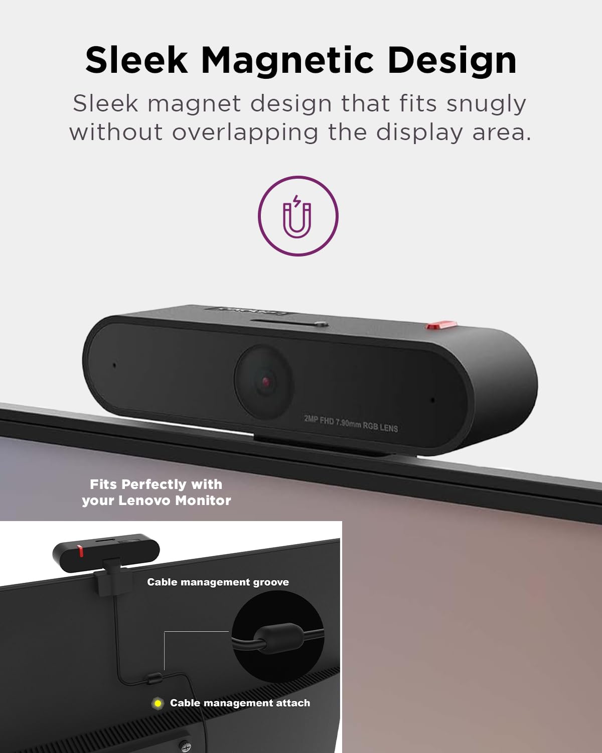 Lenovo HD 1080p Webcam (LC50) - Monitor Camera with 90° Wide Angle, Dual Microphones & Smart Video Capture – Magnetic Desktop Cam w/ Privacy Shutter & Light for Virtual Class, Meetings & Conferences