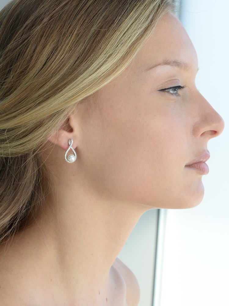 Mariell Pearl Drop Earrings with Cubic Zirconia Crystals For Brides, Weddings, Mother's Day Jewelry Gift