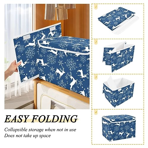 Krafig Foldable Storage Box Large Cube Organizer Bins Forest Animals Deer Blue Containers Baskets with Lids Handles for Closet Organization, Shelves, Clothes, Toys