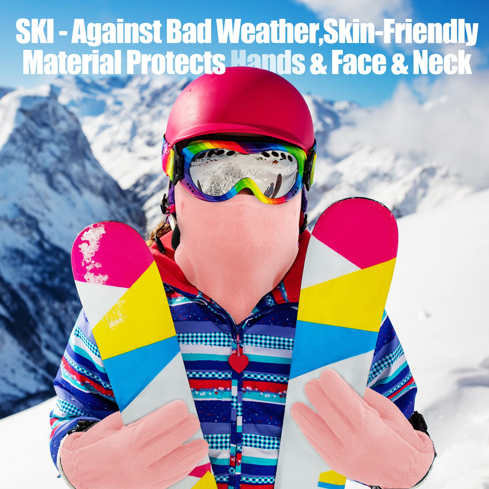 Sumind Balaclava Ski Mask Winter Touchscreen Gloves for Men Women Fleece Snowboarding Mask Warmer for Winter(Pink)