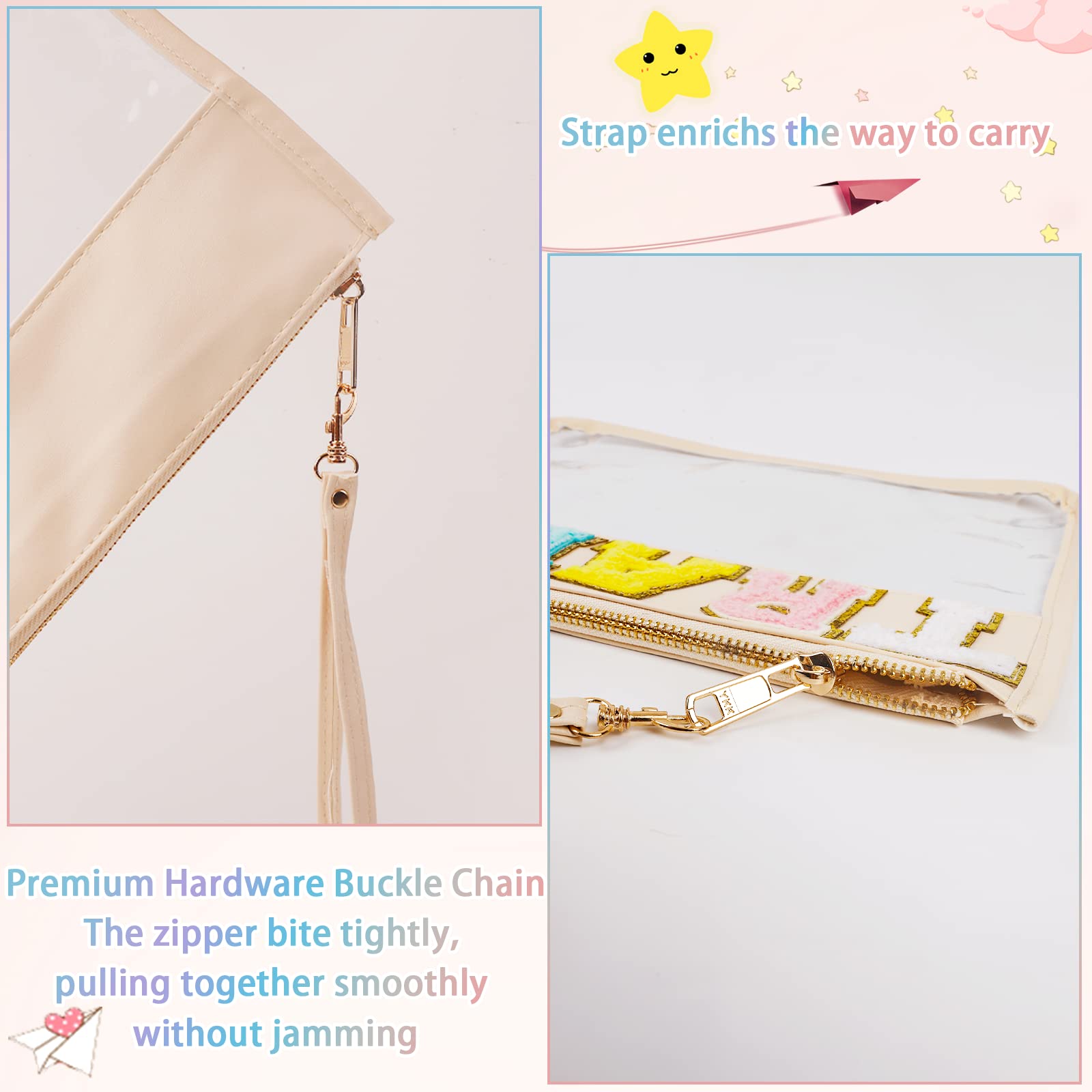 Snacks Bag, Clear PVC Bag for Multi-purpose Use, Waterproof and Dust-proof Monogram Portable Glitter Flat Pouch with Zipper and Wrist Strap for Women (Letter Snack)