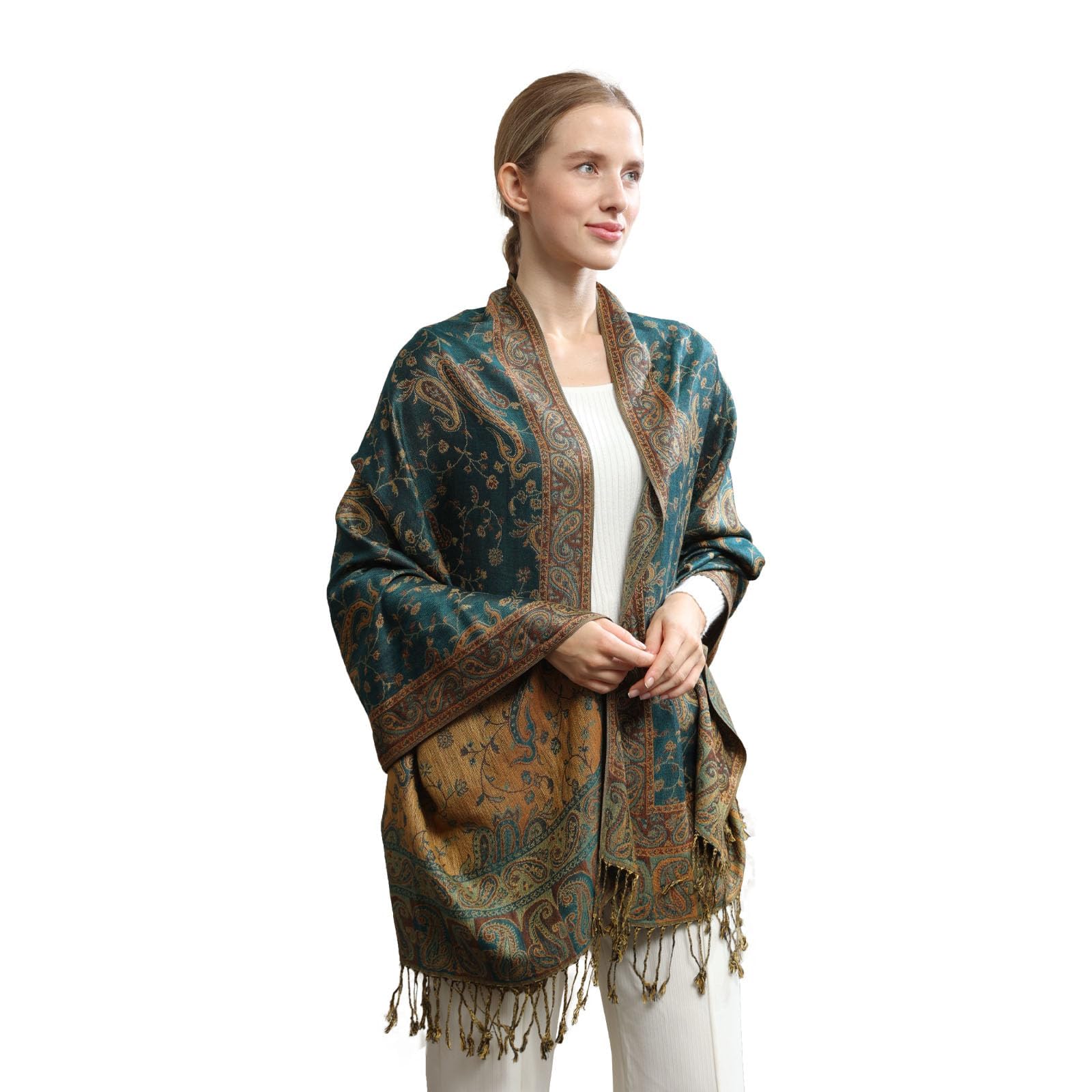 TULAOMAO Two Tone Pashmina Shawls and Wraps with Frings, Women Soft Silky Paisley Scarfs Shawls for Wedding, Pashmina Rave