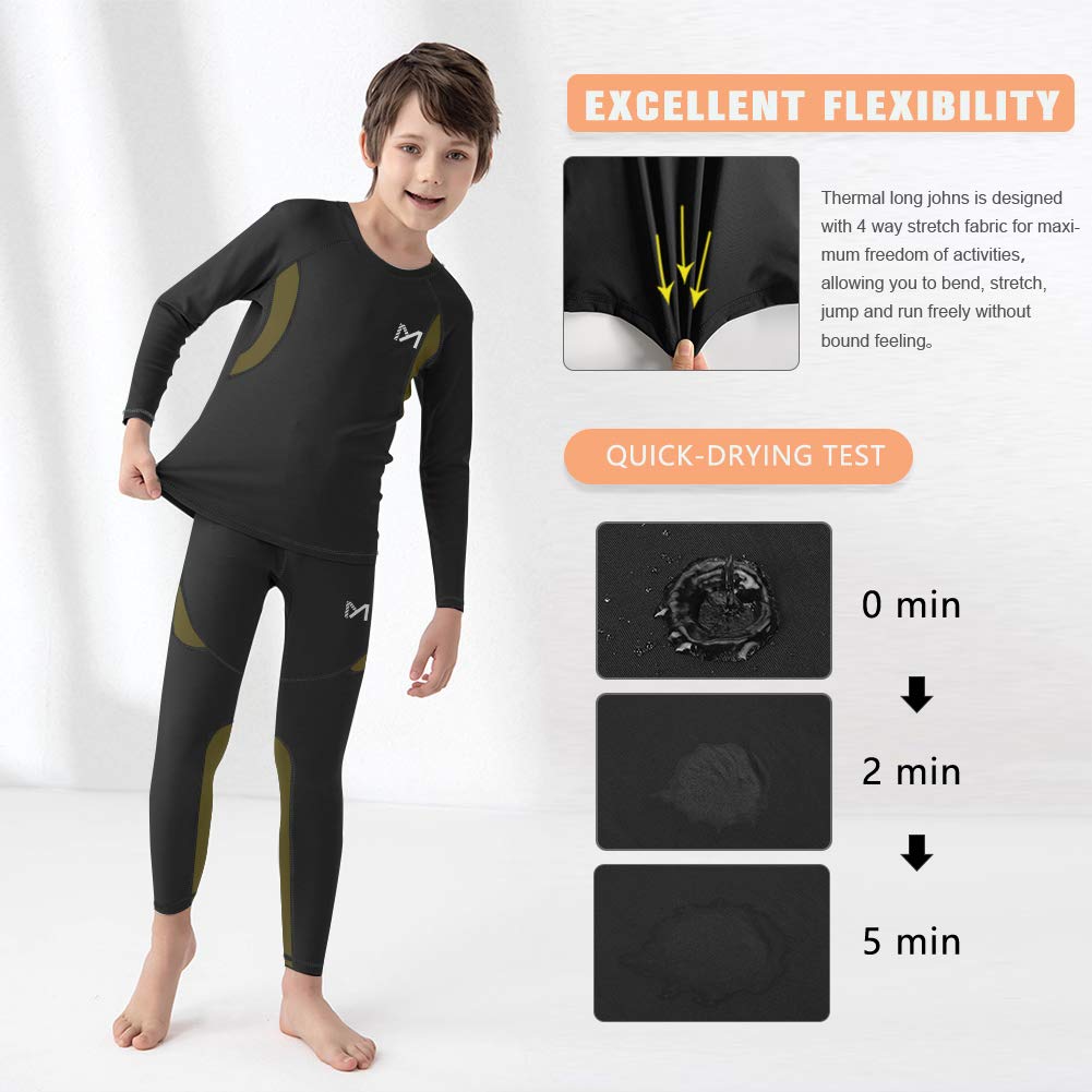 MEETYOO Boys and Girls Thermal Underwear Set, Unisex Fleece Lined Compression Base Layer, Winter Long Johns for Kids 8-16 Years, Black, Large