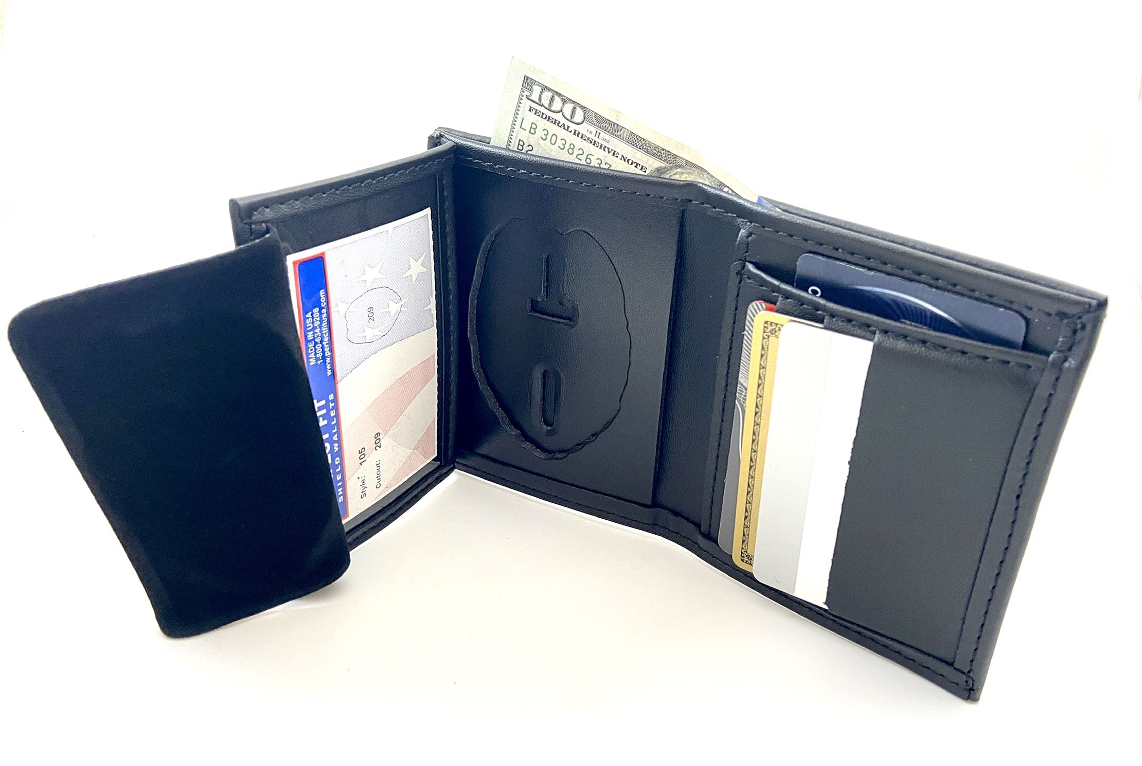 Perfect Fit Shield Wallets Shield with Eagle Police and Security Fits for Blackington B 296 Style Hidden Badge Wallet Leather (Cutout PF-209) Black