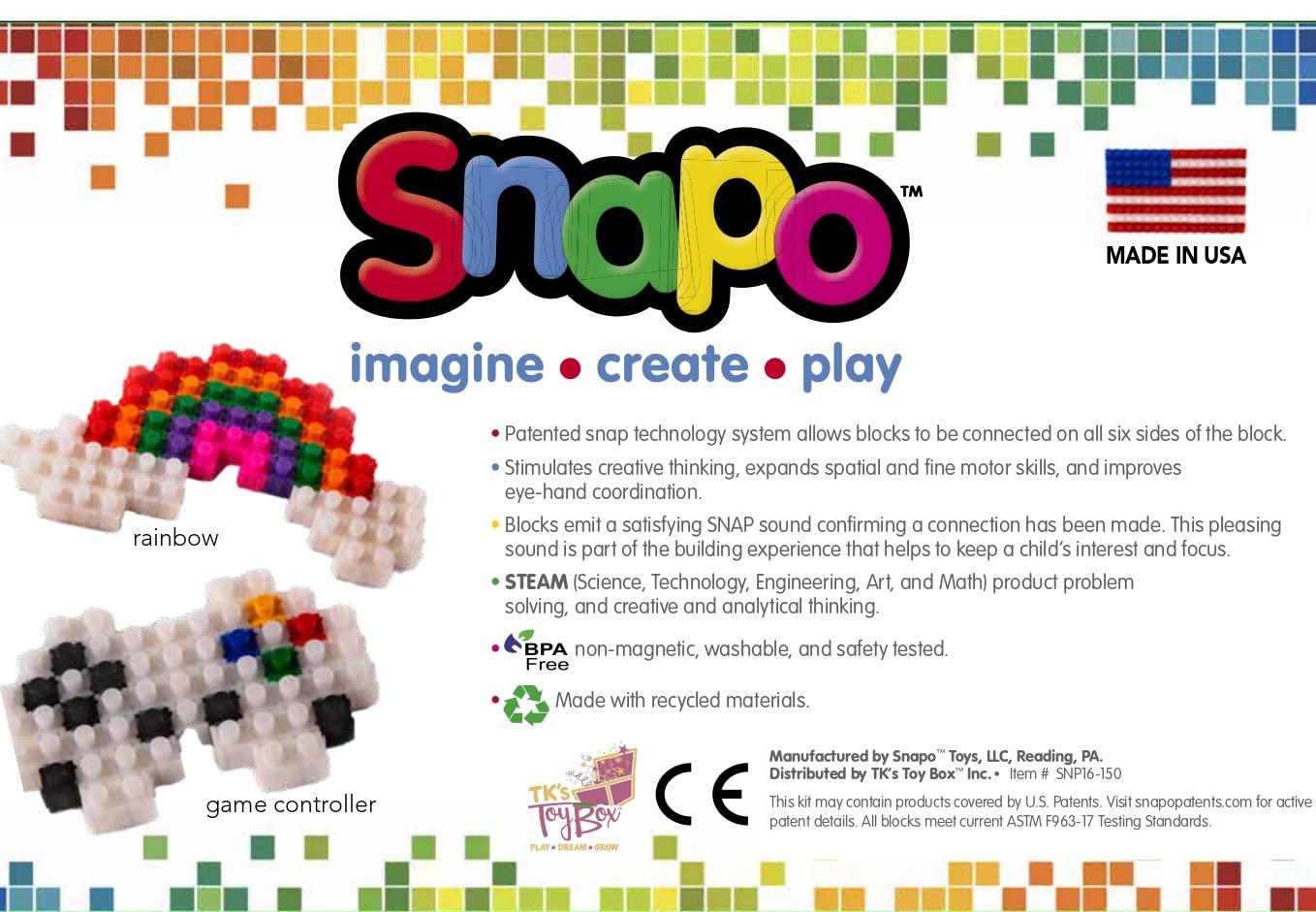 Snapo Pixels 150pcs Blocks 7 Years and Up - Six-Sided Interlocking Pixel Assembly Blocks to Build Creatures and Objects - Unisex STEM Toys for 7-Year-Old Boys and Girls (150pcs)