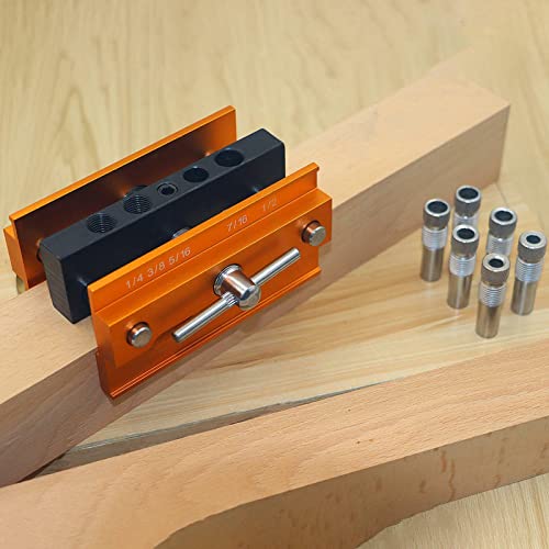 Mefape Self Centering Dowel Jig, Dowel Drill Guide for Straight Holes, Inch Scale Doweling Jig, Portable Drill Guide Drill Block for Woodworking Dowel Jig Kit with 6 Sleeves, 2.4” Drill Thickness