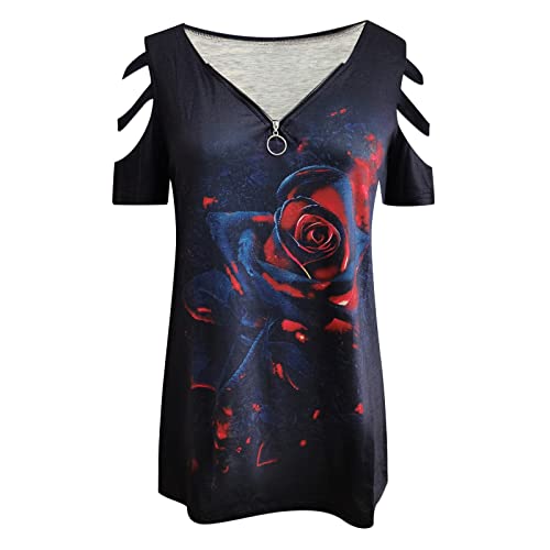 Summer Cold Shoulder Tops for Women Trendy 1/4 Zip Pullover Casual V-Neck T-Shirt Gothic Rose Graphic Tees