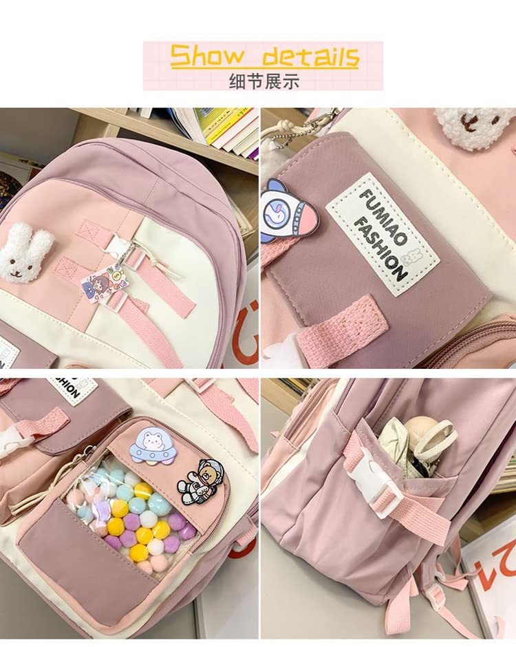 MWZING Kawaii Backpack with Cute Pin Accessories Plush Pendant Kawaii Cute Aesthetic Backpack GREEN