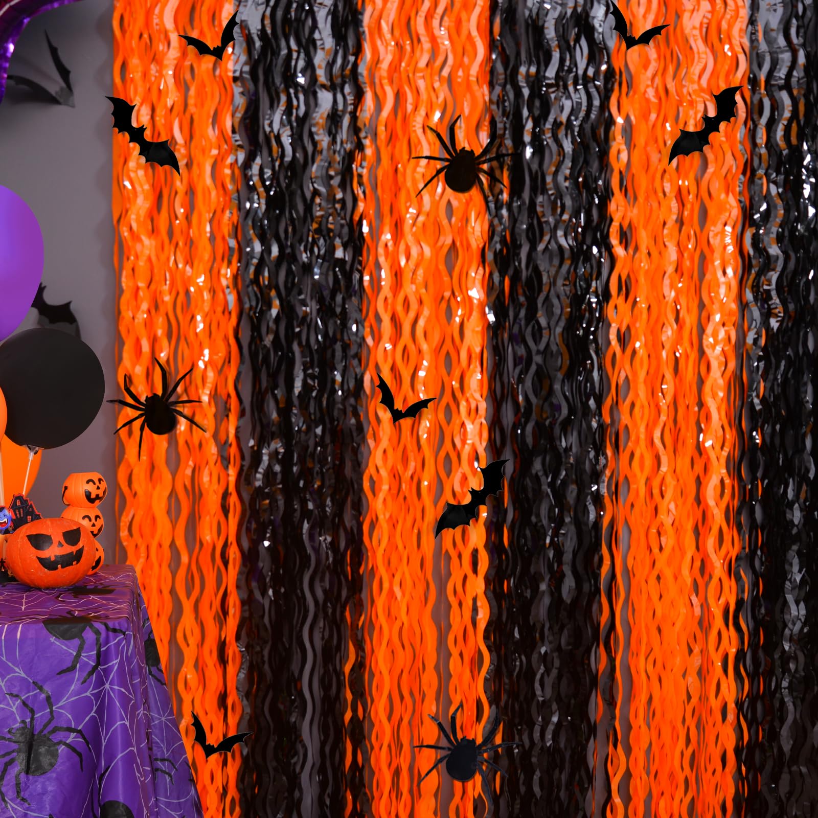 Mega-L Halloween Foil Fringe Curtains, 3 Pack Orange Black Photo Booth Props, 18 Pcs PVC Bat and Spider Stickers Decals Wall Decor Halloween Photo Backdrop for Halloween Party Decoration