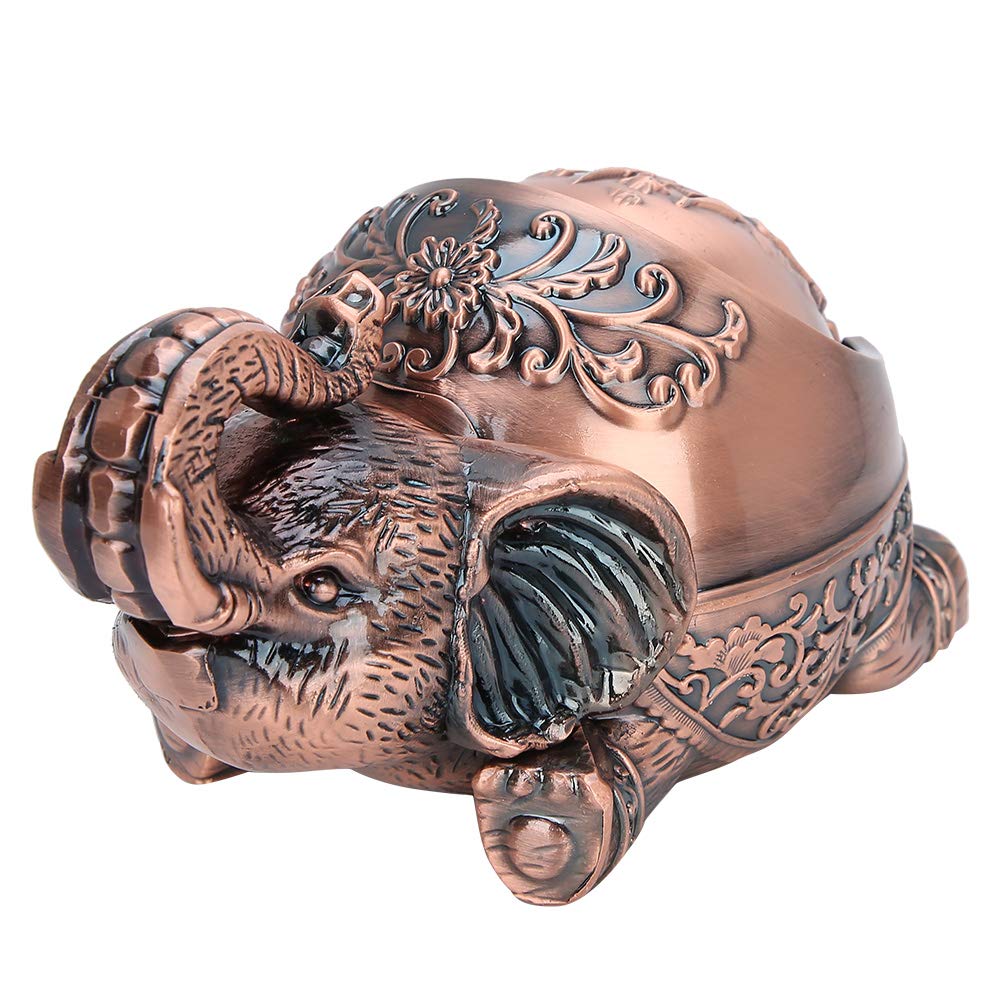 Metal Ashtray with Cover Male Gift Sealed Anti Fall Windproof Smoking Set Ornaments (Crouching Copper Elephant)
